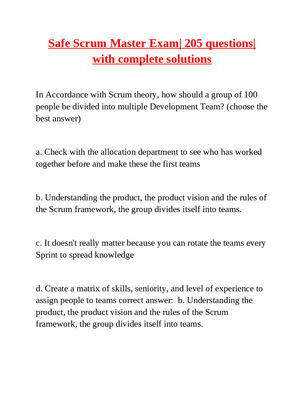 Safe Scrum Master Exam| 205 questions| with complete solutions | Exams ...