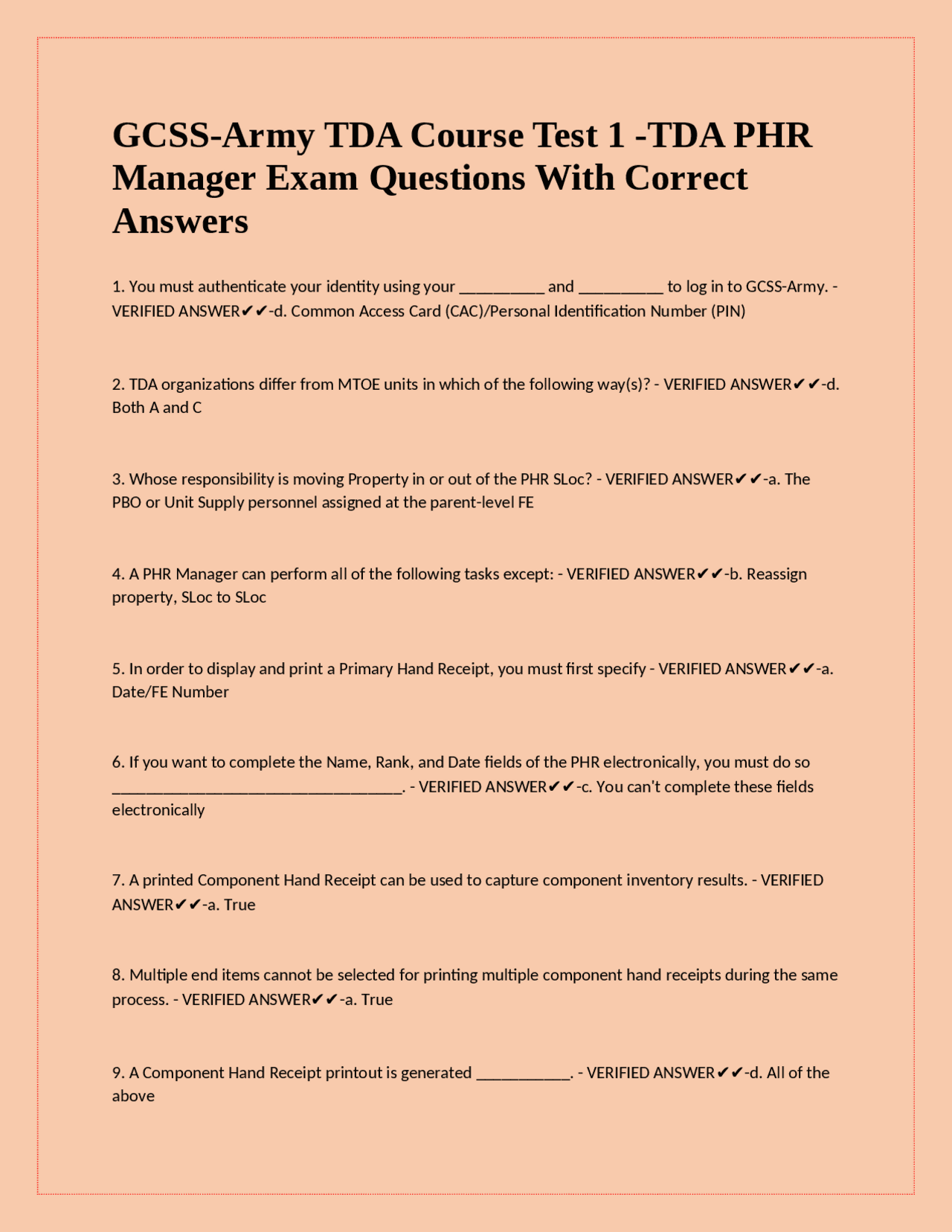 GCSS-Army TDA Course Test 1: Property Book Management Exam Questions ...