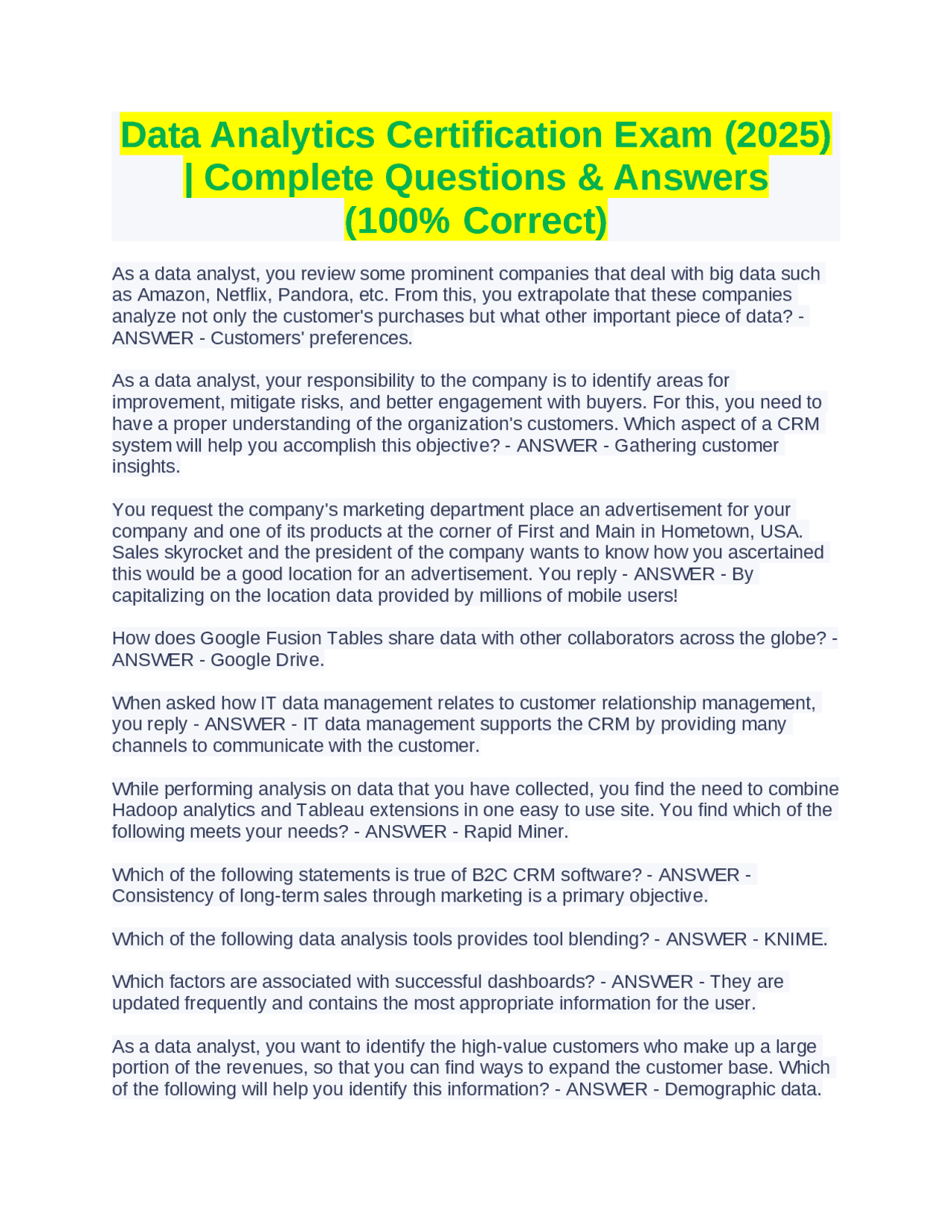 Data Analytics Certification Exam (2025) | Complete Questions & Answers (100% Correct) | Exams ...