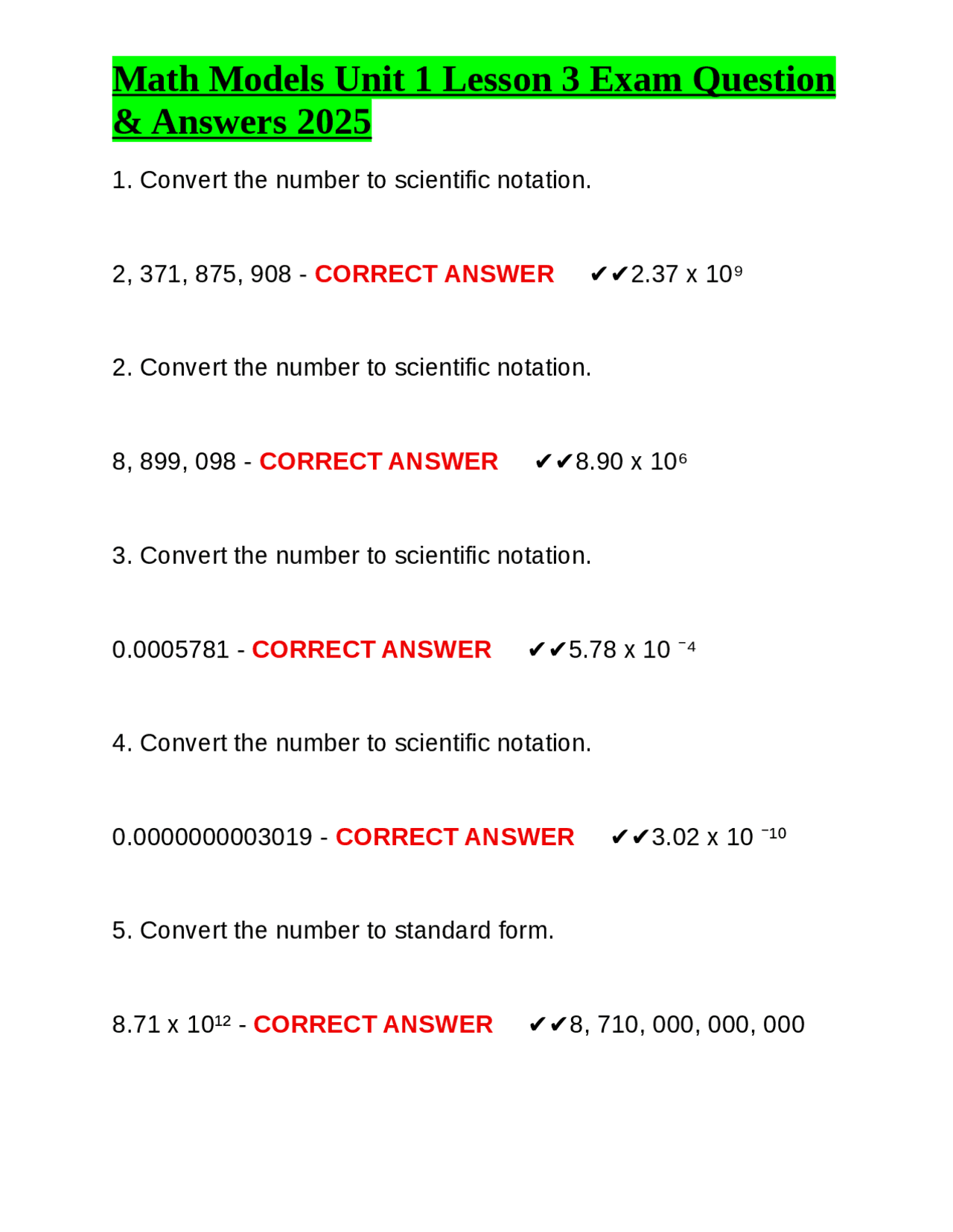 Math Models Unit 1 Lesson 3 Exam Question & Answers 2025 | Exams ...