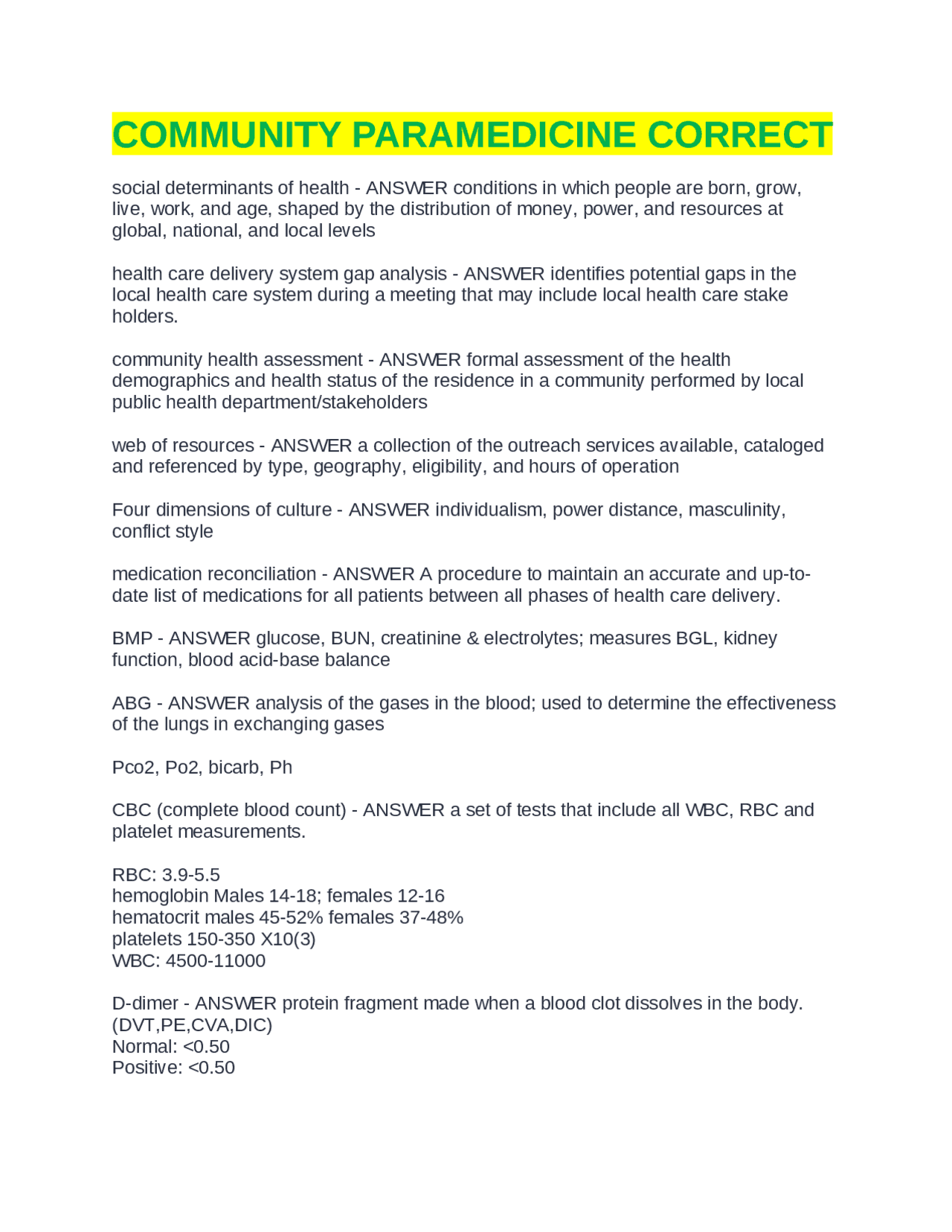COMMUNITY PARAMEDICINE CORRECT | Exams Nursing | Docsity