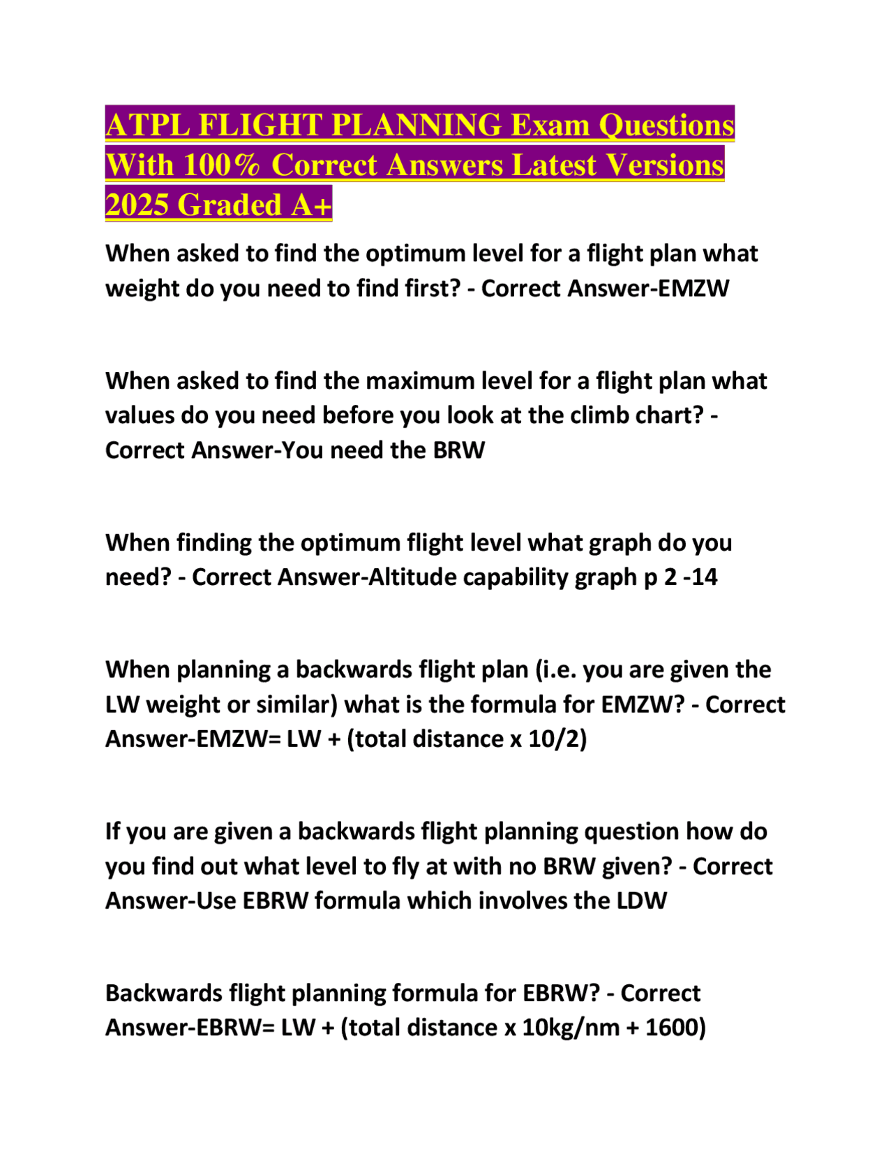 ATPL FLIGHT PLANNING Exam Questions With 100% Correct Answers Latest ...