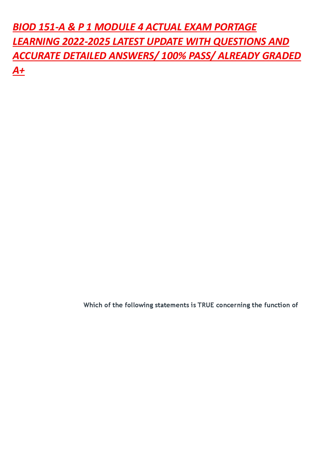 BIOD 151-A & P 1 MODULE 4 ACTUAL EXAM PORTAGE LEARNING 2022.pdf | Exams ...