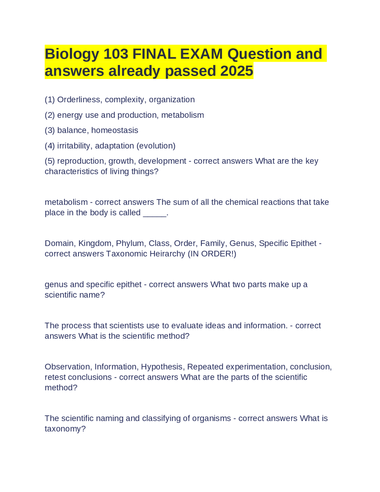 Biology 103 FINAL EXAM Question and answers already passed 2025 | Exams ...