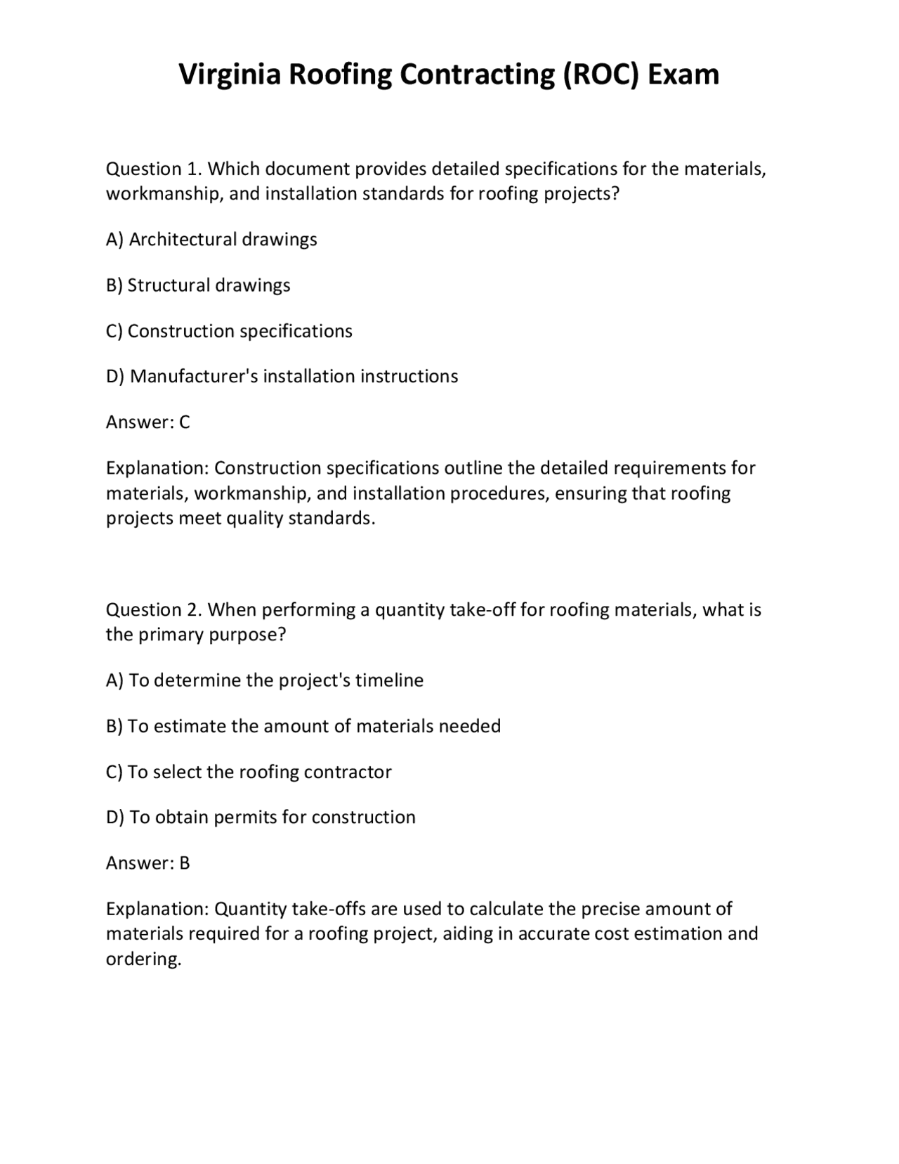 Virginia Roofing Contracting (ROC) Exam | Exams Technology | Docsity