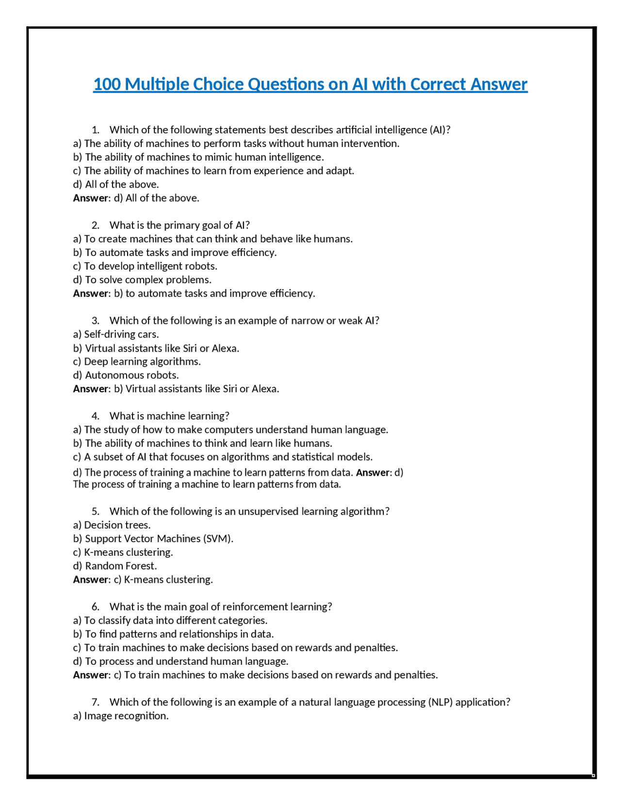 AI Exam Questions and Answers | Exams Nursing | Docsity