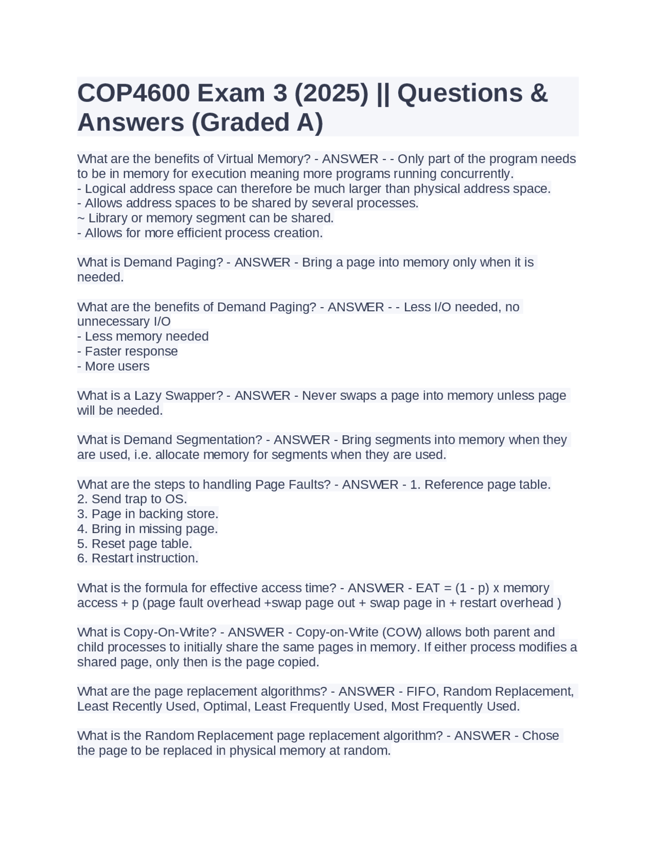 COP4600 Exam 3 (2025) || Questions & Answers (Graded A) | Exams ...