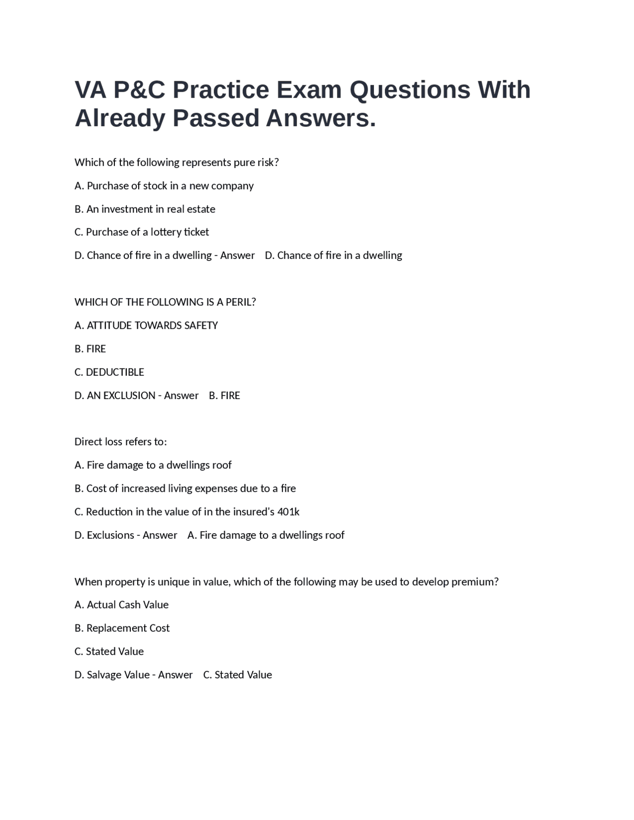 VA P&C Practice Exam Questions With Already Passed Answers. | Exams ...