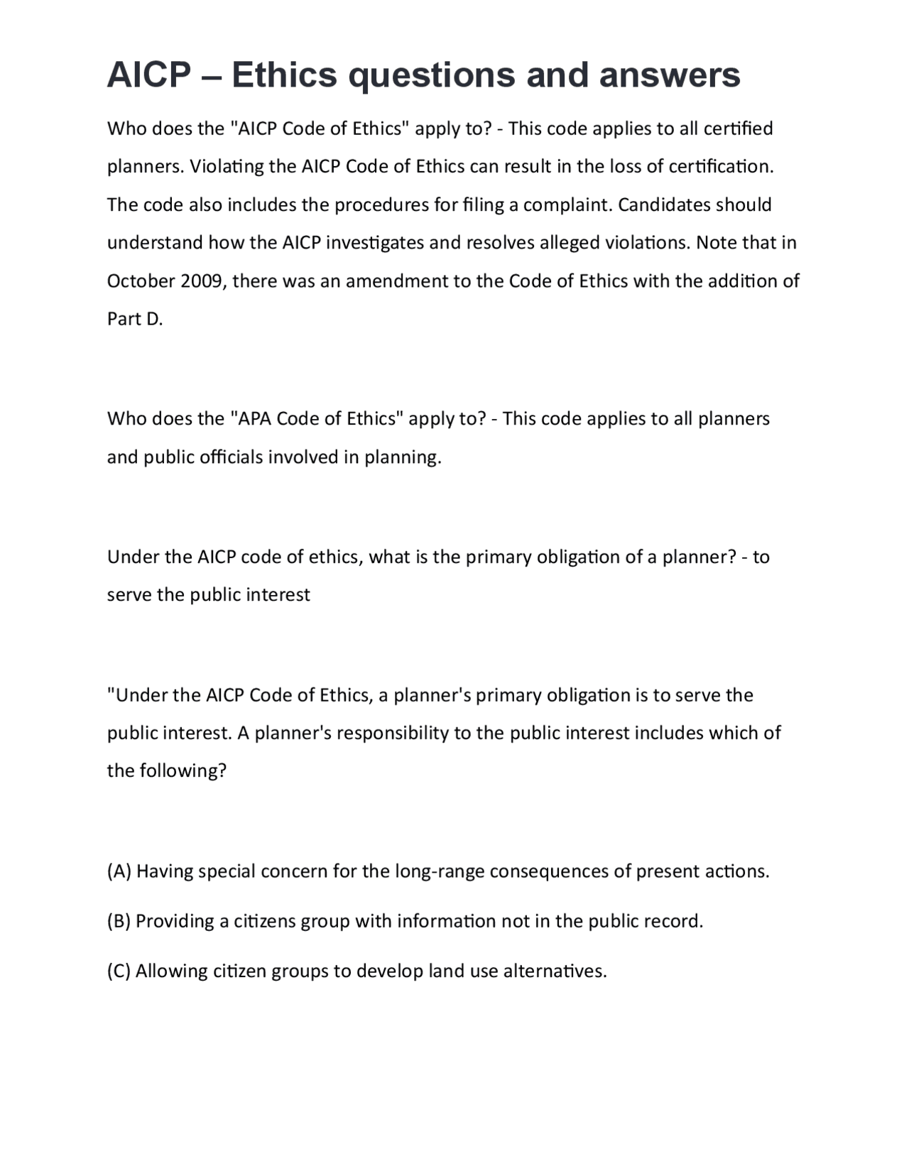 AICP Code of Ethics: Questions and Answers for Urban Planners | Exams ...