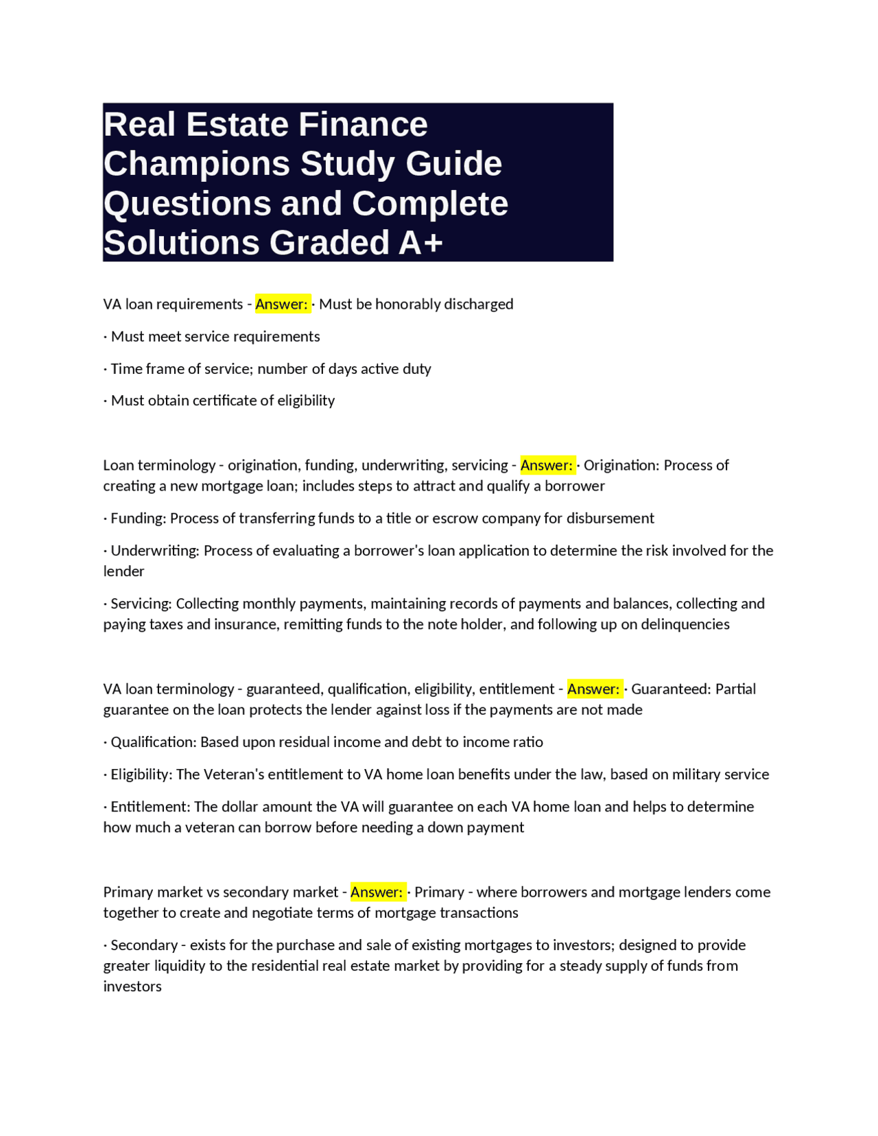 Real Estate Finance Champions Study Guide Questions with Complete ...