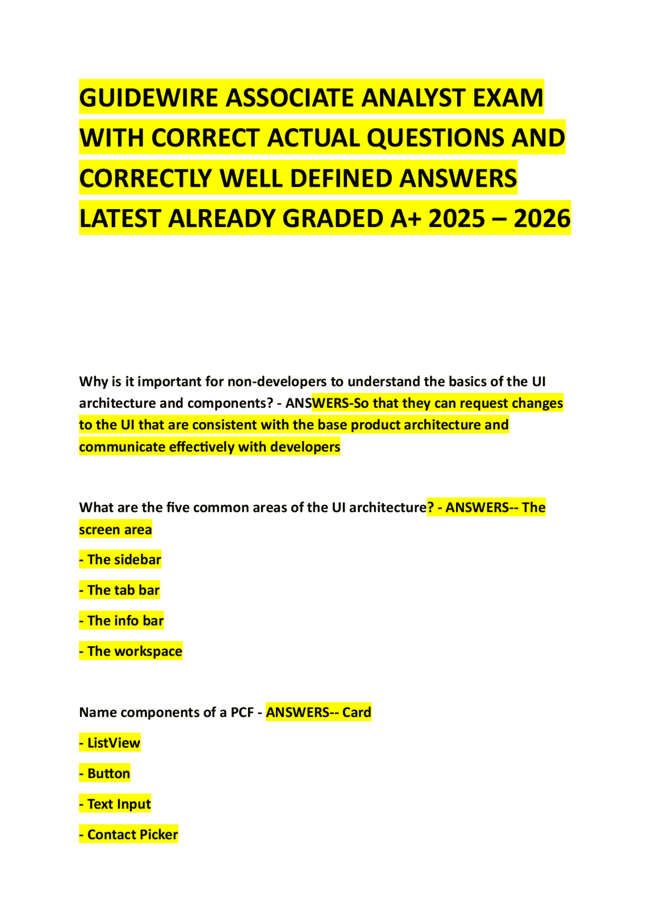 GUIDEWIRE ASSOCIATE ANALYST EXAM WITH CORRECT ACTUAL QUESTIONS | Exams ...