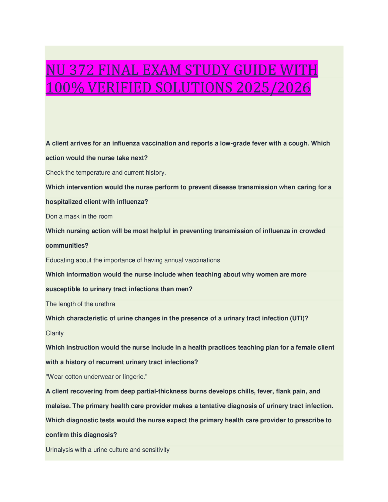 NU 372 FINAL EXAM STUDY GUIDE WITH 100% VERIFIED SOLUTIONS 2025/2026 ...
