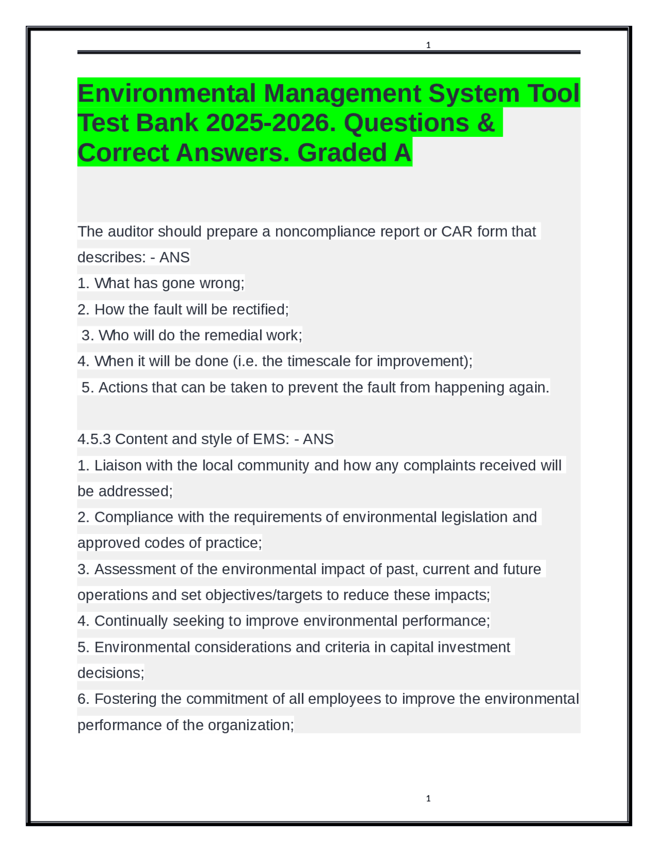 Environmental Management System Tool Test Bank 2025-2026. Questions ...
