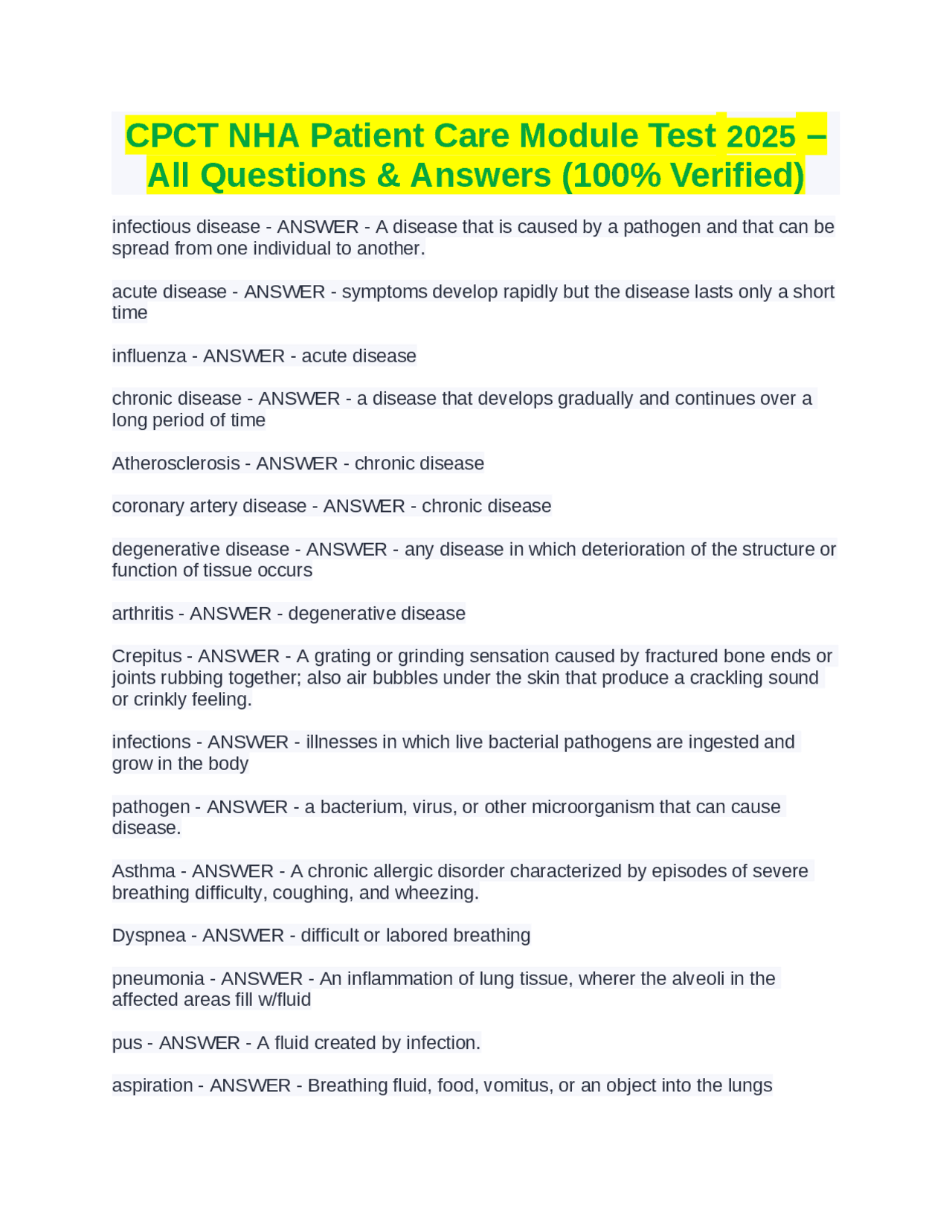 CPCT NHA Patient Care Module Test 2025 – All Questions & Answers (100% ...
