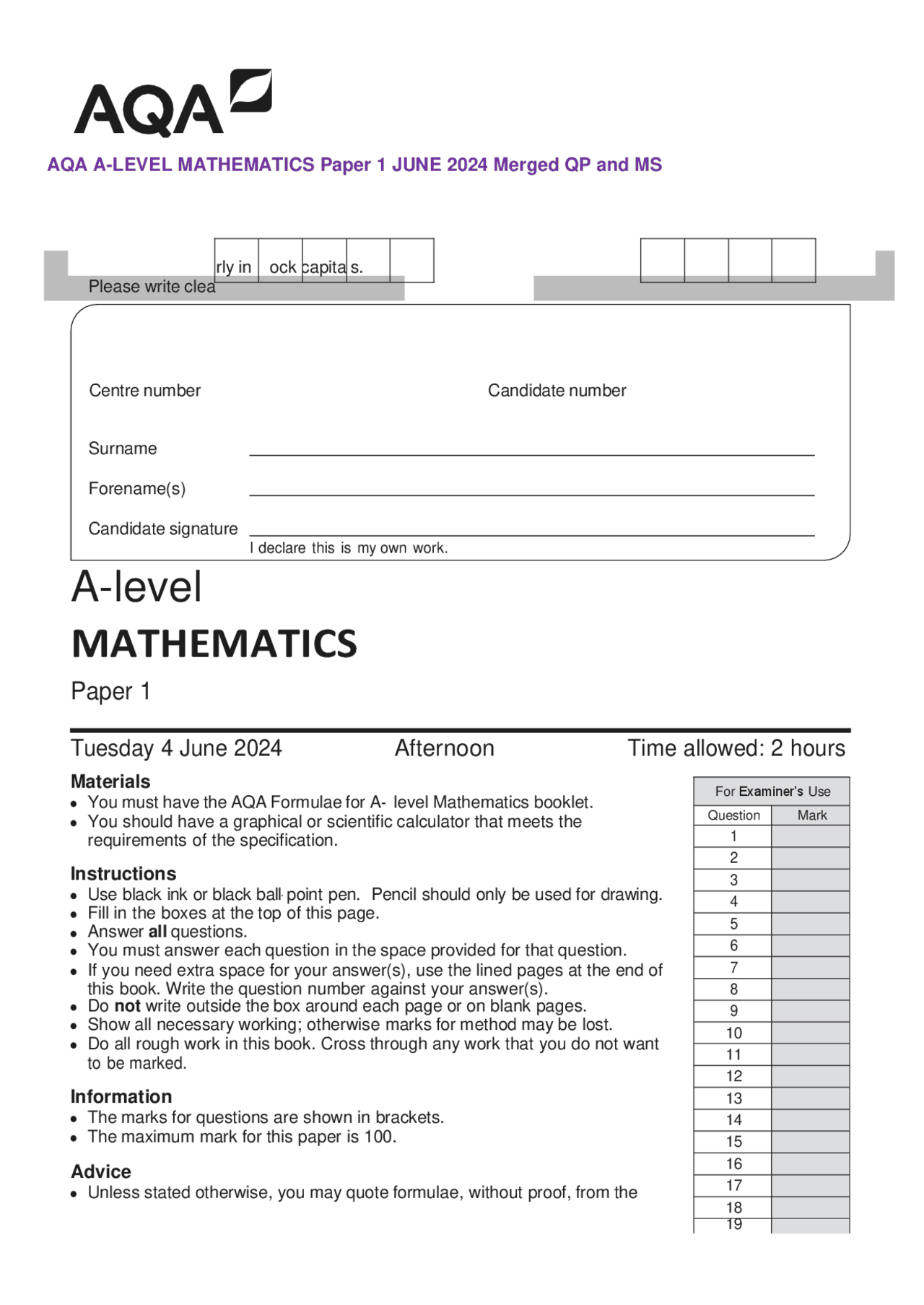 AQA A-LEVEL MATHEMATICS Paper 1 JUNE 2024 Merged QP and MS | Exams ...