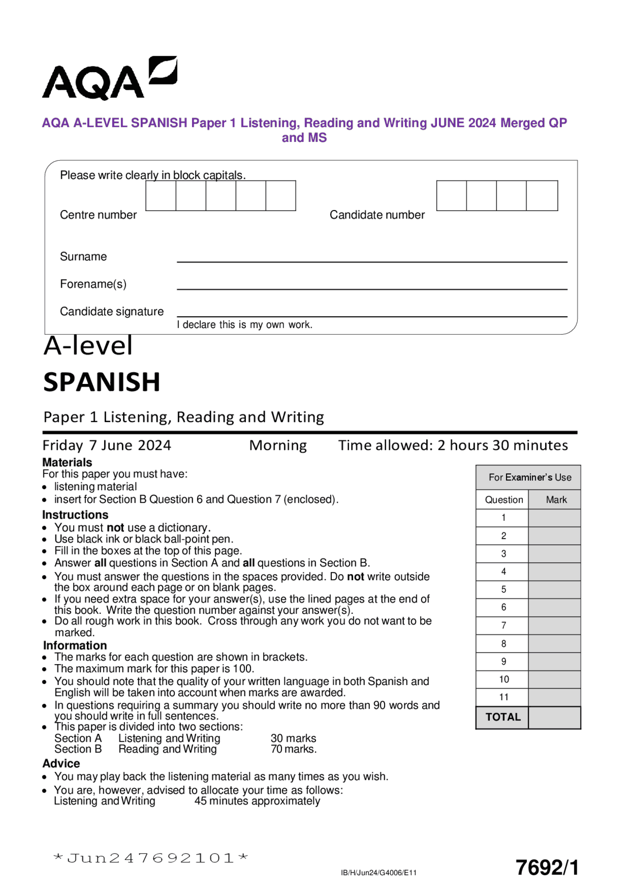 AQA A-LEVEL SPANISH Paper 1 Listening, Reading and Writing JUNE 2024 ...