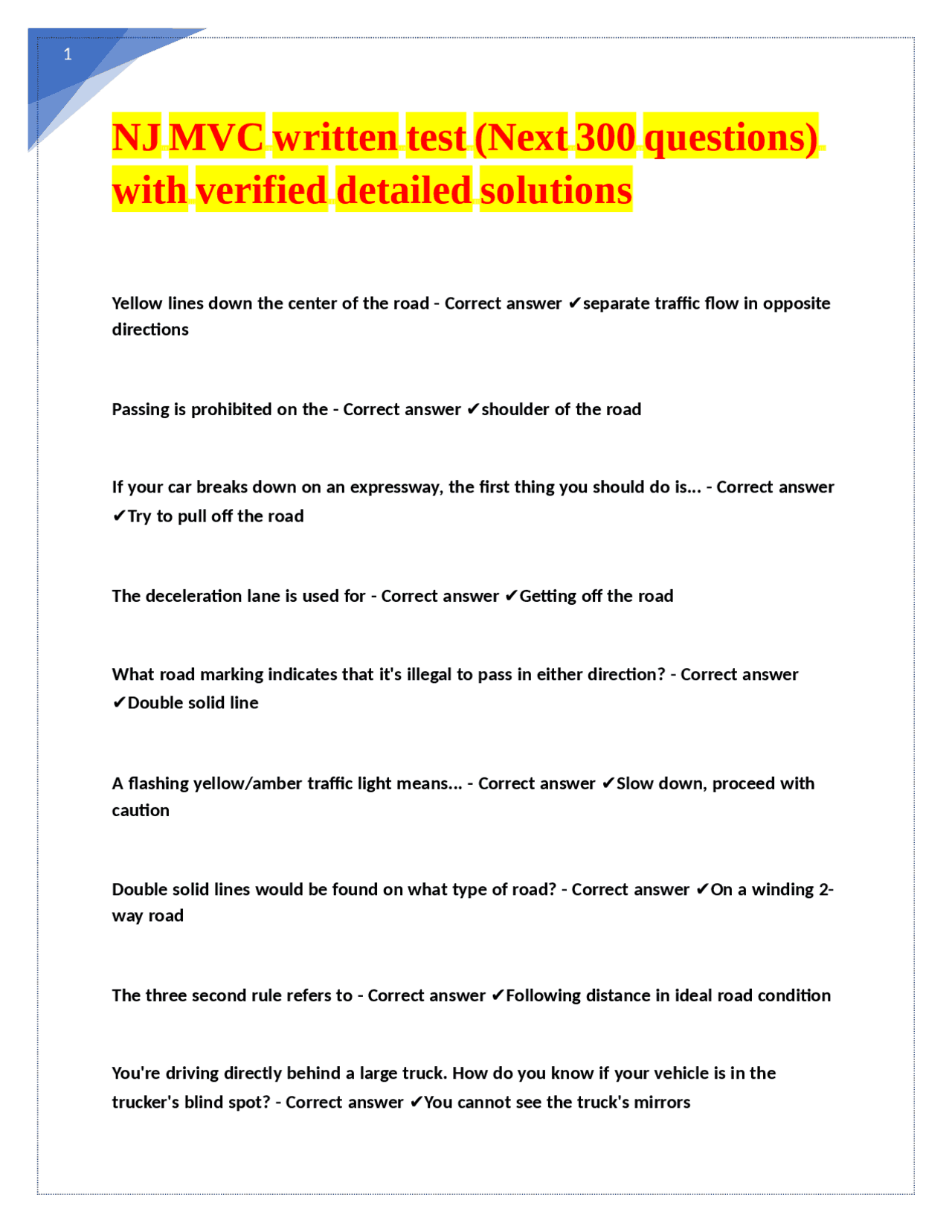 NJ MVC written test (Next 300 questions) with verified detailed ...