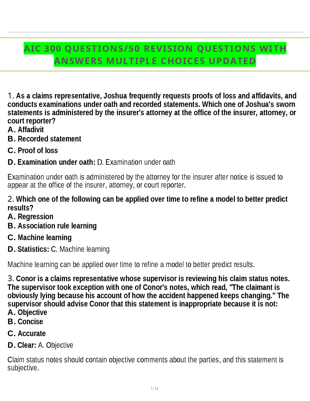 AIC 300 QUESTIONS/50 REVISION QUESTIONS WITH ANSWERS MULTIPLE CHOICES ...