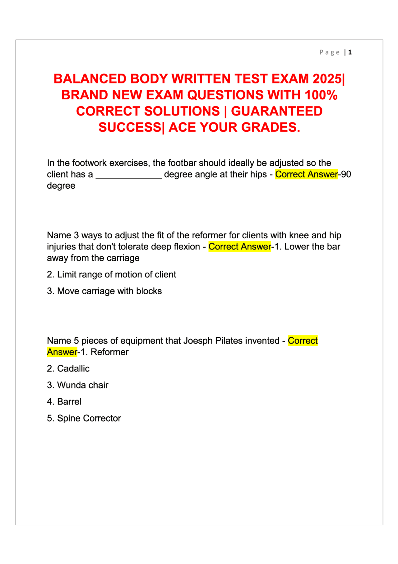 Balanced Body Written Test COMPREHENSIVE QUESTIONS AND VERIFIED ANSWERS ...