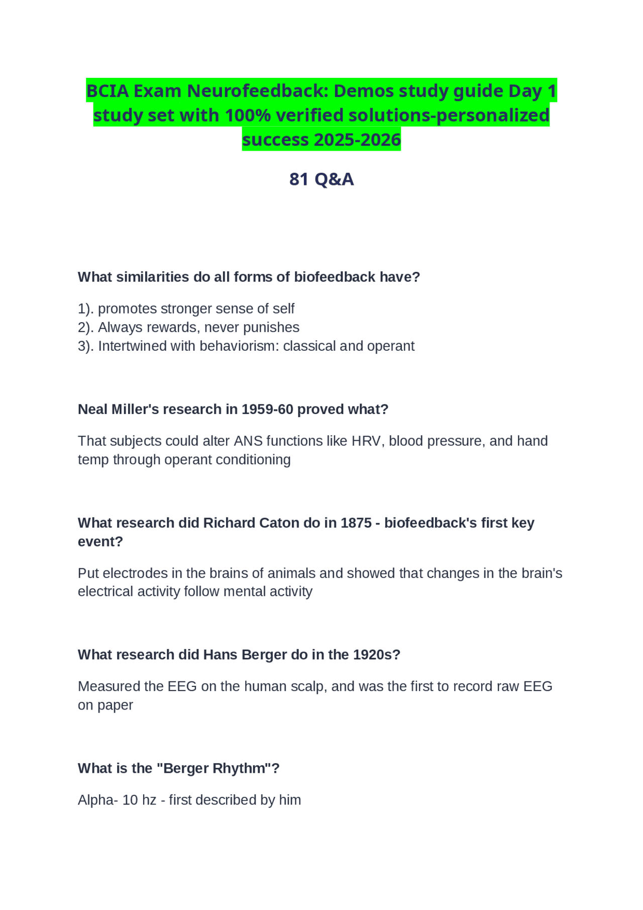 BCIA Exam Neurofeedback- Demos study guide Day 1 study set with 100% ...