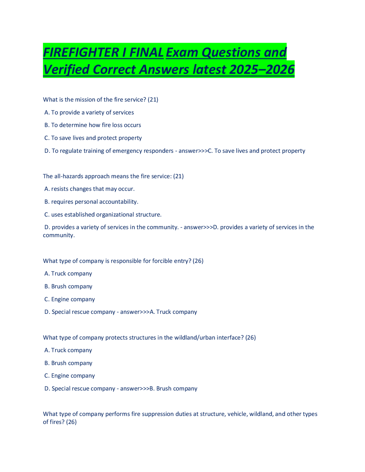 FIREFIGHTER I FINAL Exam Questions and Verified Correct Answers latest ...