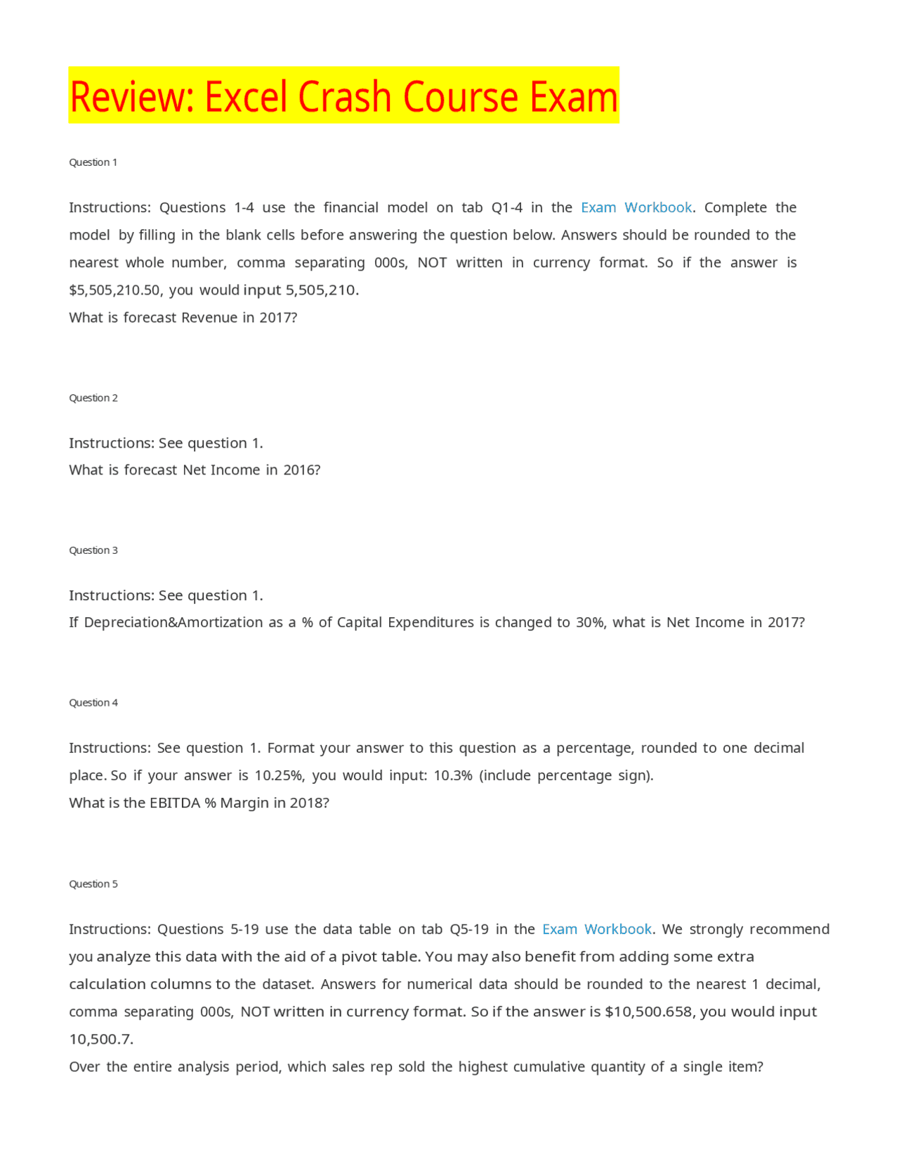 Review: Excel Crash Course Exam | Exams Finance | Docsity
