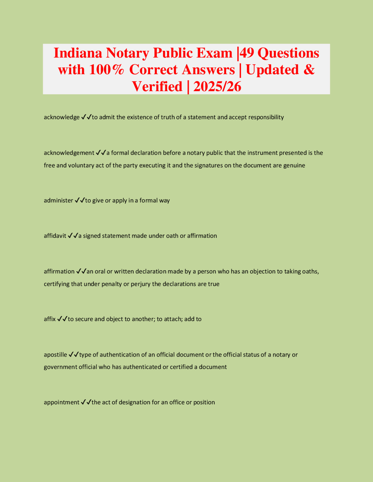 Indiana Notary Public Exam |49 Questions with 100% Correct Answers 2025 ...