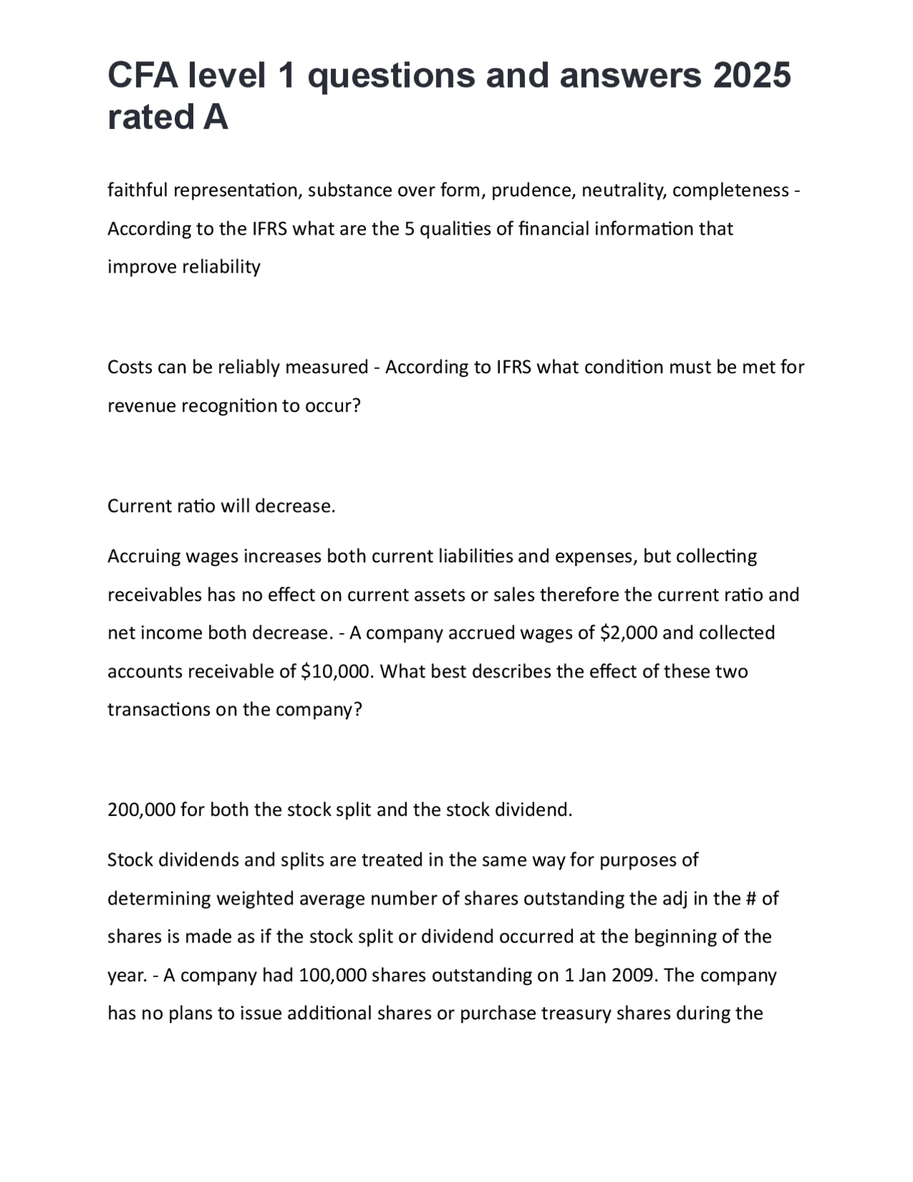 CFA Level 1 Financial Statement Analysis: Practice Questions and Answers | Exams Nursing | Docsity