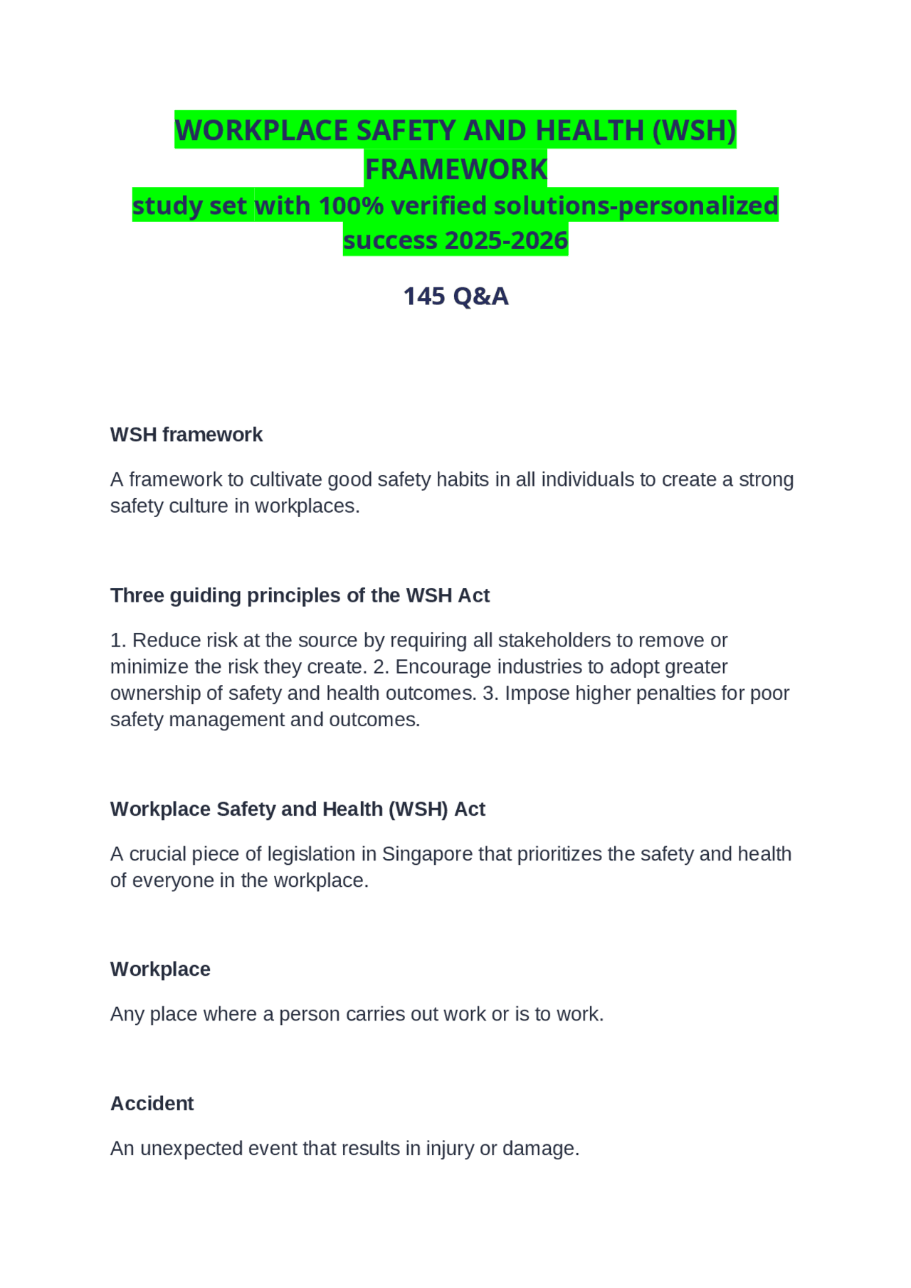 WORKPLACE SAFETY AND HEALTH (WSH) FRAMEWORK study set with 100% ...