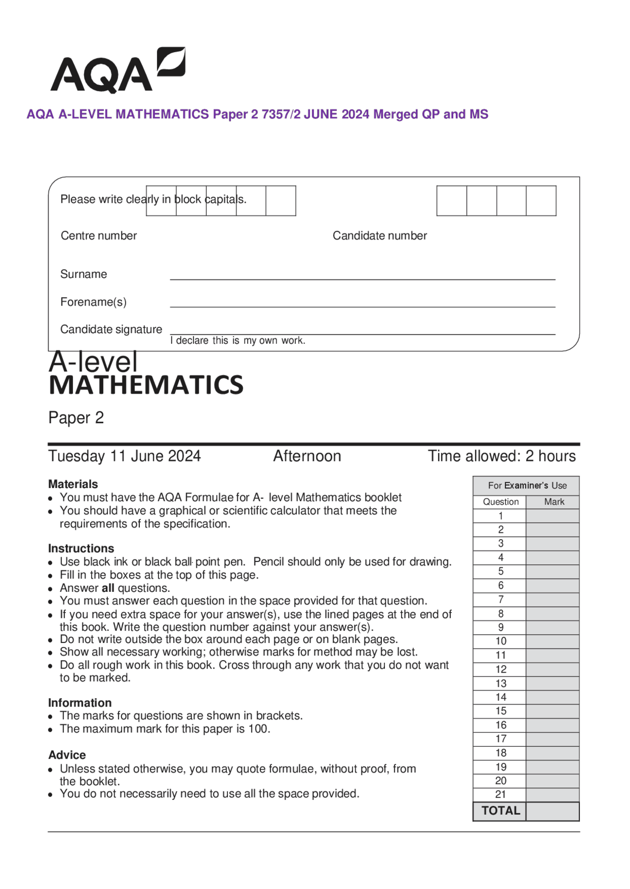 AQA A-LEVEL MATHEMATICS Paper 2 7357/2 JUNE 2024 Merged QP and MS | Exams Mathematics | Docsity
