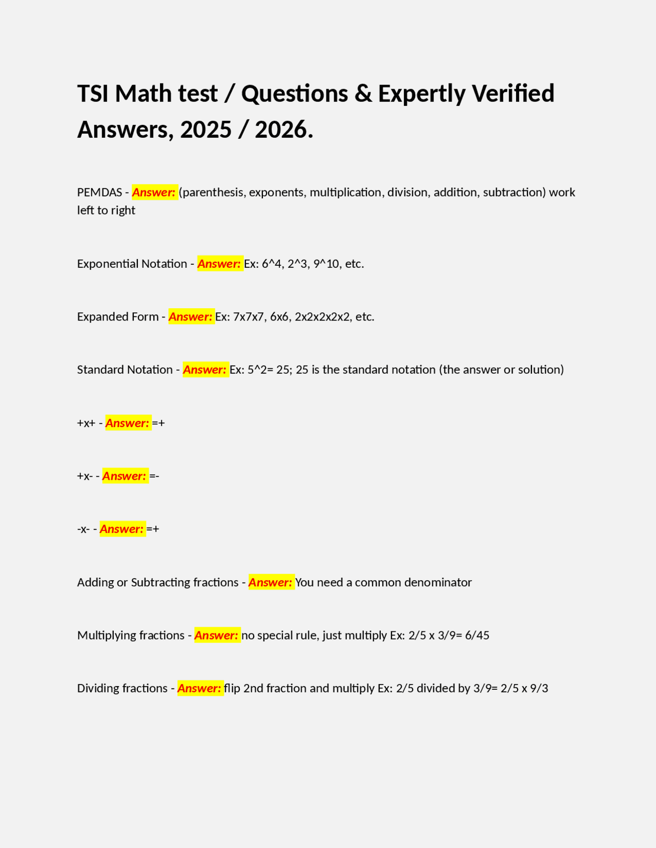 TSI Math test / Questions & Expertly Verified Answers, 2025 / 2026 ...