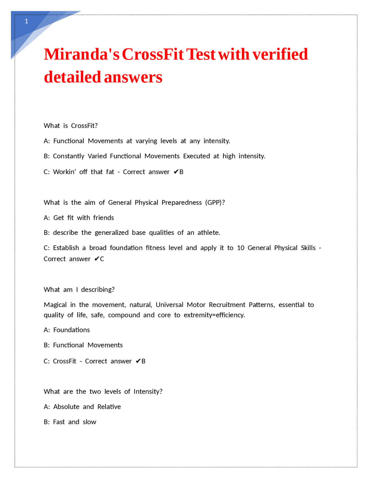 Miranda's CrossFit Test with verified detailed answers | Exams Nursing ...
