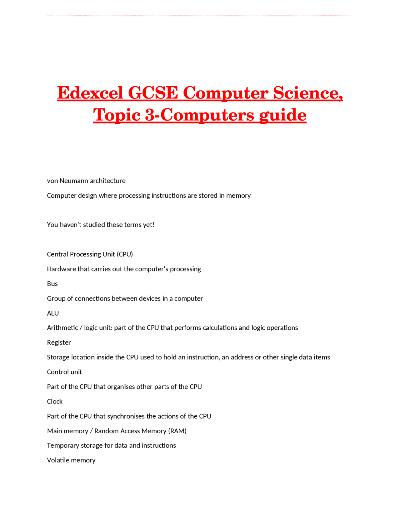 Edexcel GCSE Computer Science, Topic 3-Computers guide.docx | Exams Nursing | Docsity