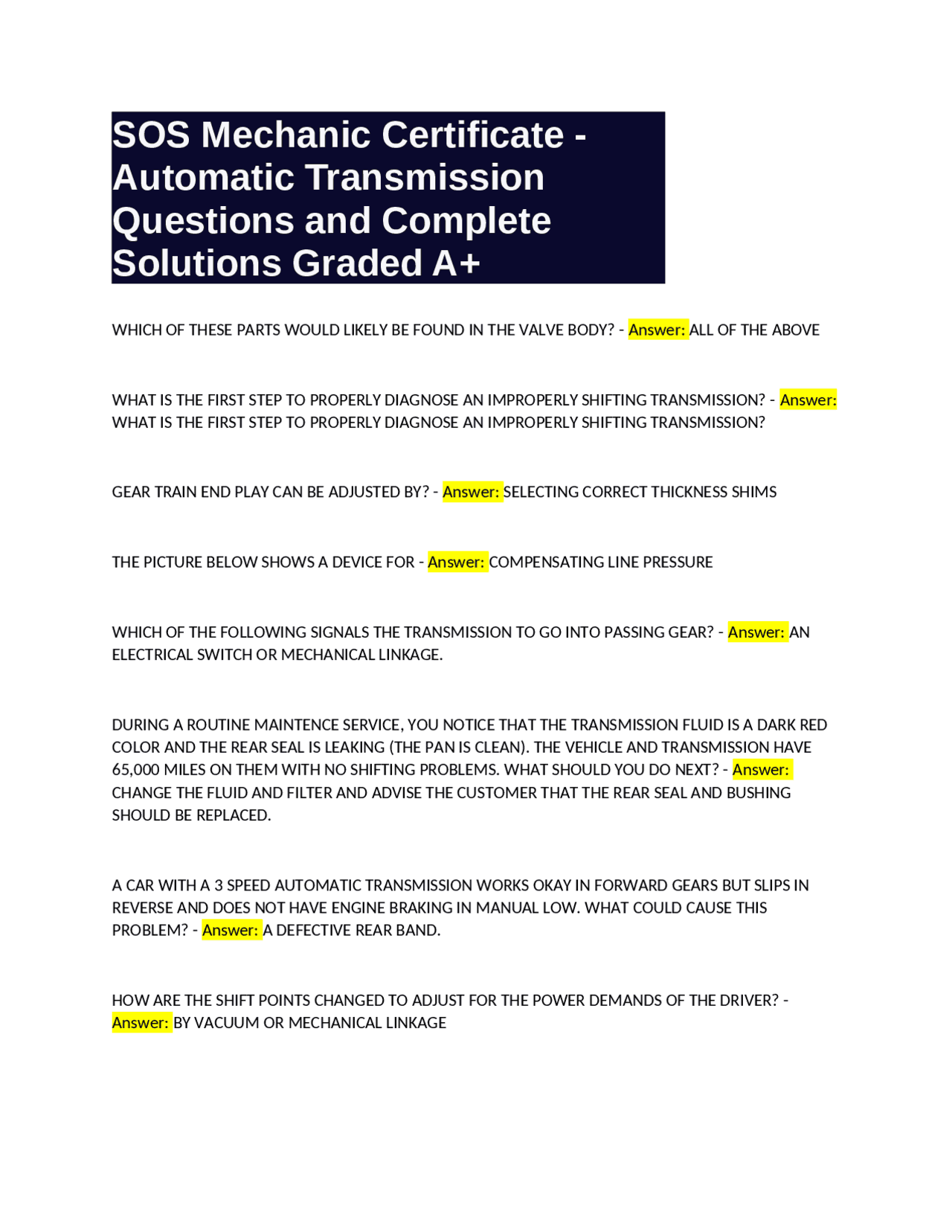 Automatic Transmission Troubleshooting and Repair: Questions and ...