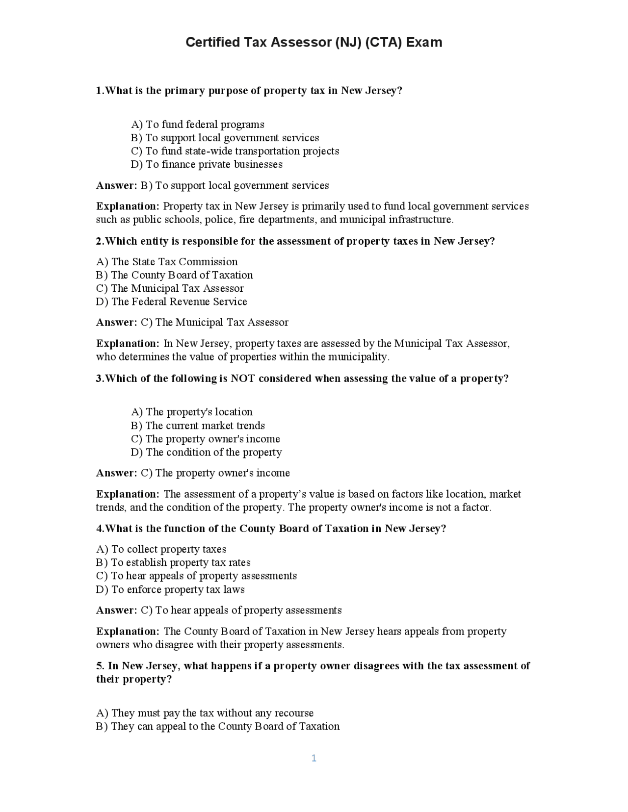 Certified Tax Assessor (NJ) Exam: Practice Questions and Answers ...