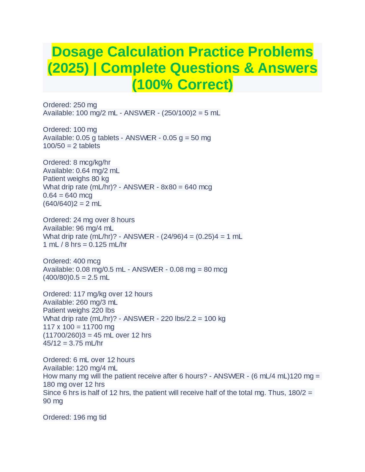 Dosage Calculation Practice Problems (2025) | Complete Questions & Answers (100% Correct ...