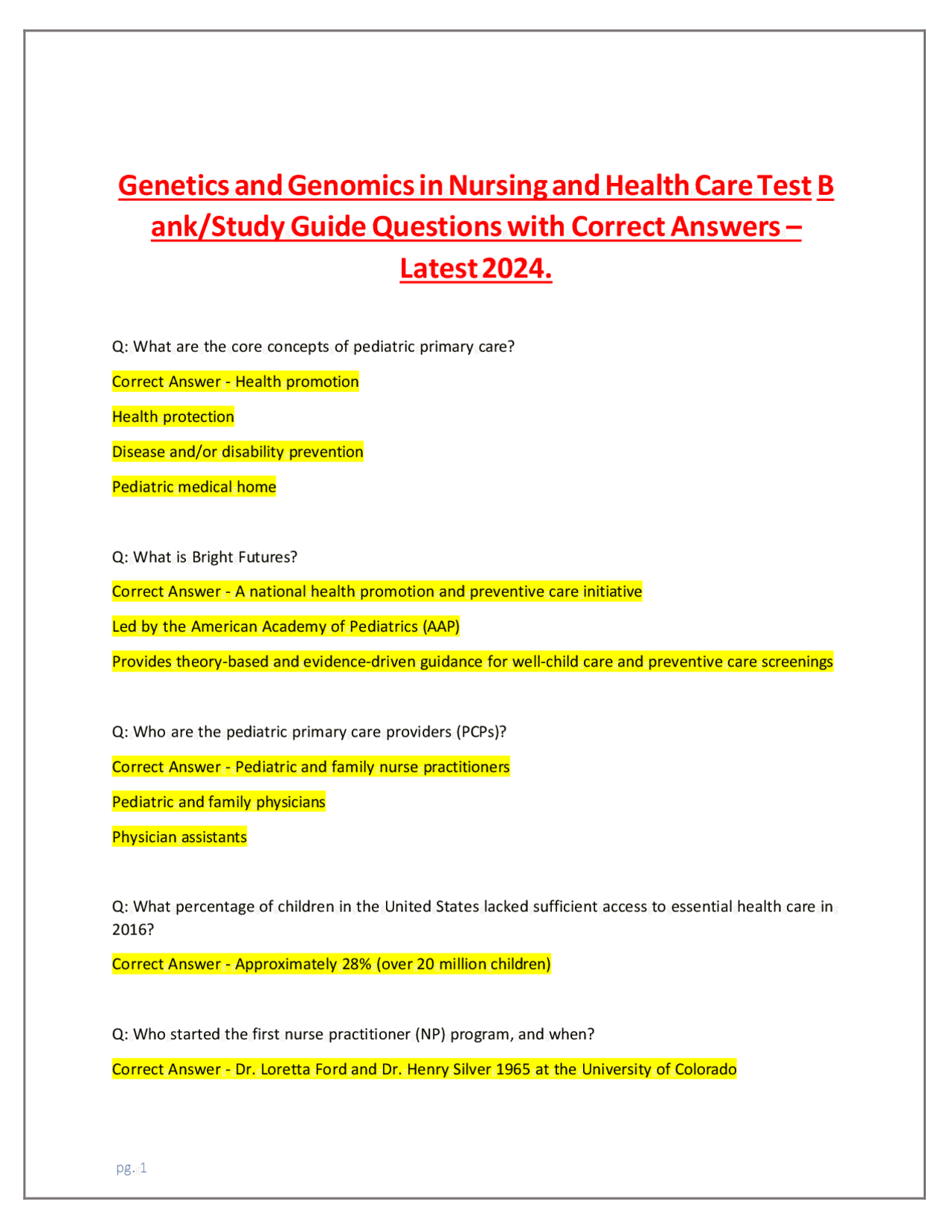 Test Bank Genetics and Genomics in Nursing and Health Care, 2nd Edition ...