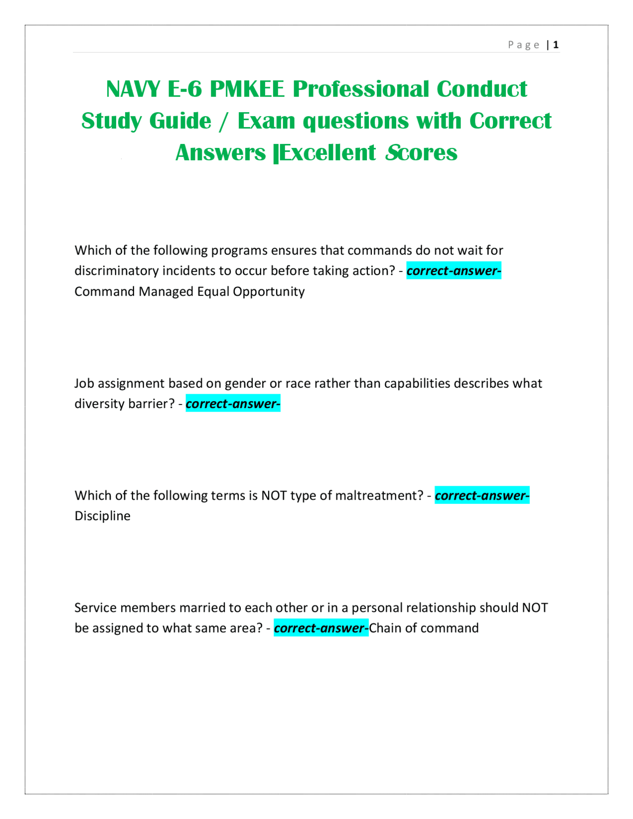 Navy E-6 PMKEE Professional Conduct Study Guide: Exam Questions and ...