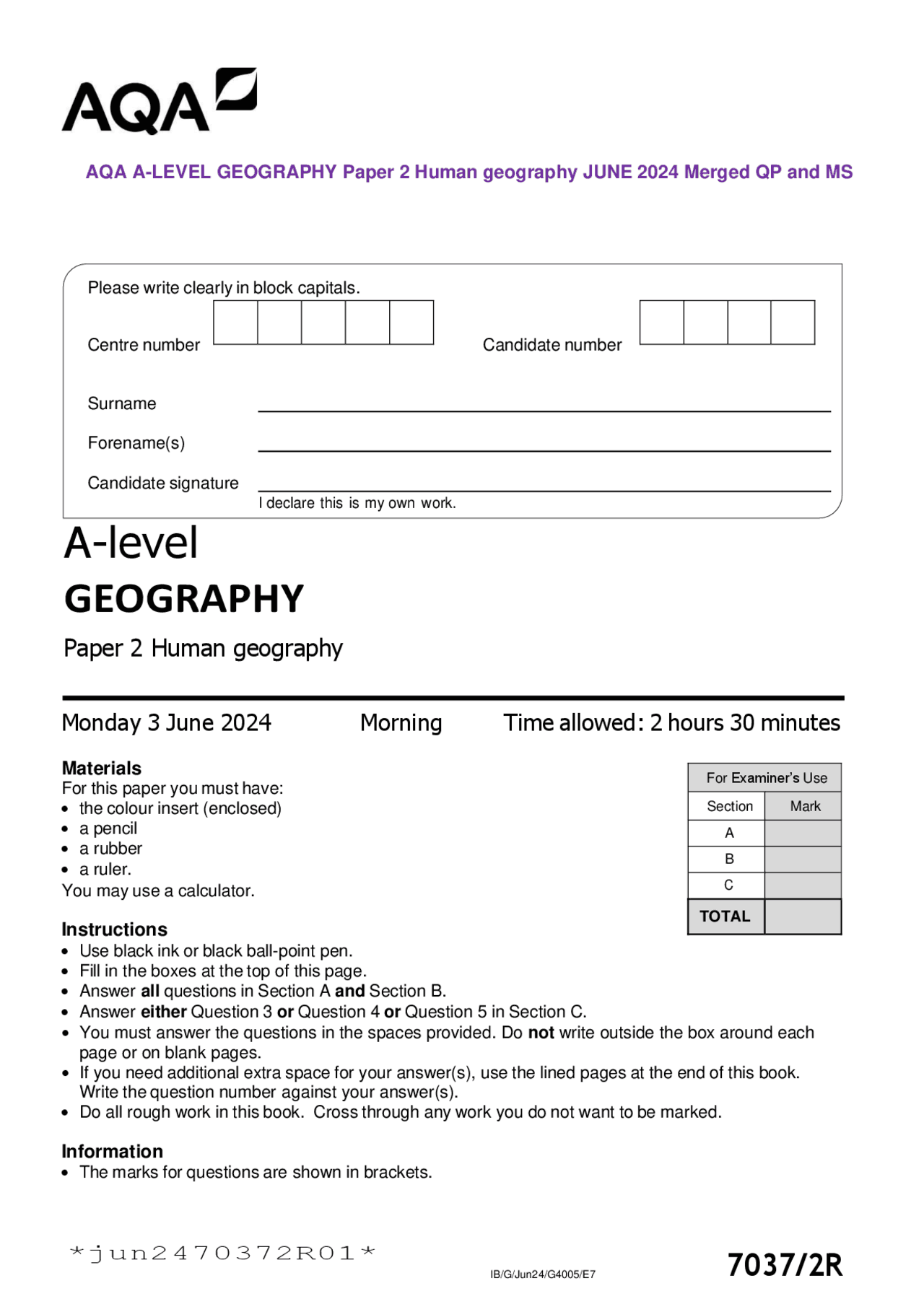 AQA A-LEVEL GEOGRAPHY Paper 2 Human geography JUNE 2024 Merged QP and ...