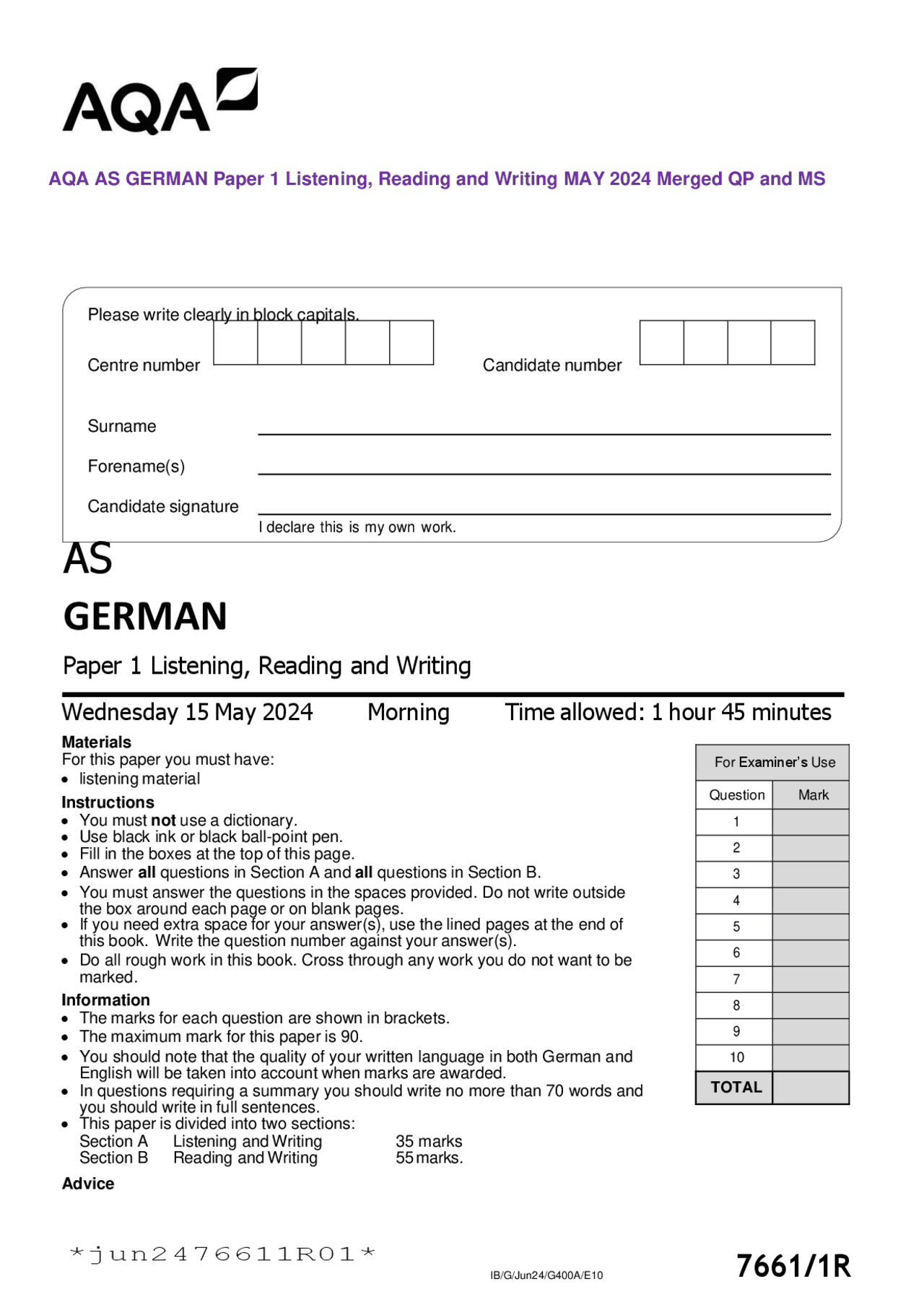 AQA AS GERMAN Paper 1 Listening, Reading and Writing MAY 2024 Merged QP ...