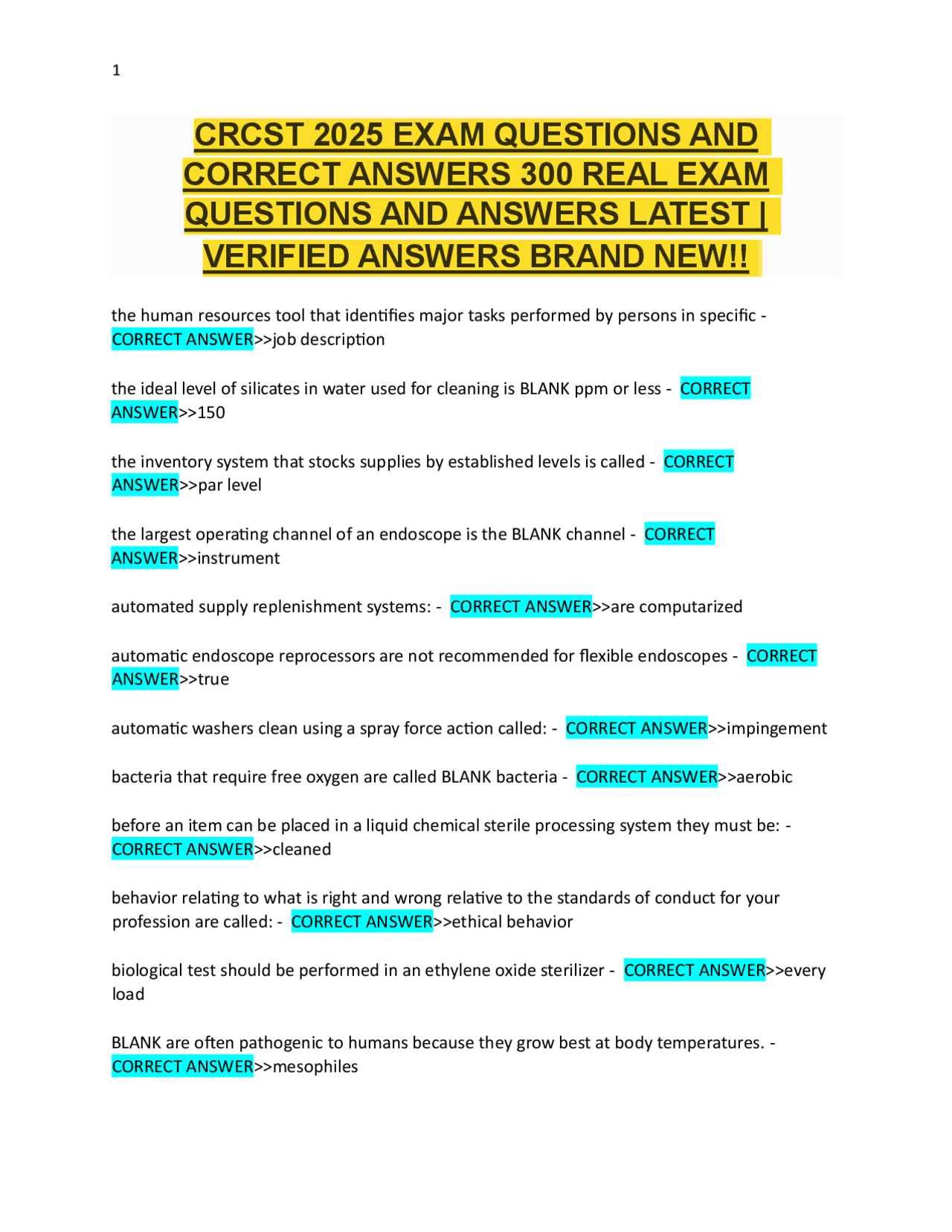 CRCST EXAM QUESTIONS AND CORRECT ANSWERS | Exams Nursing | Docsity