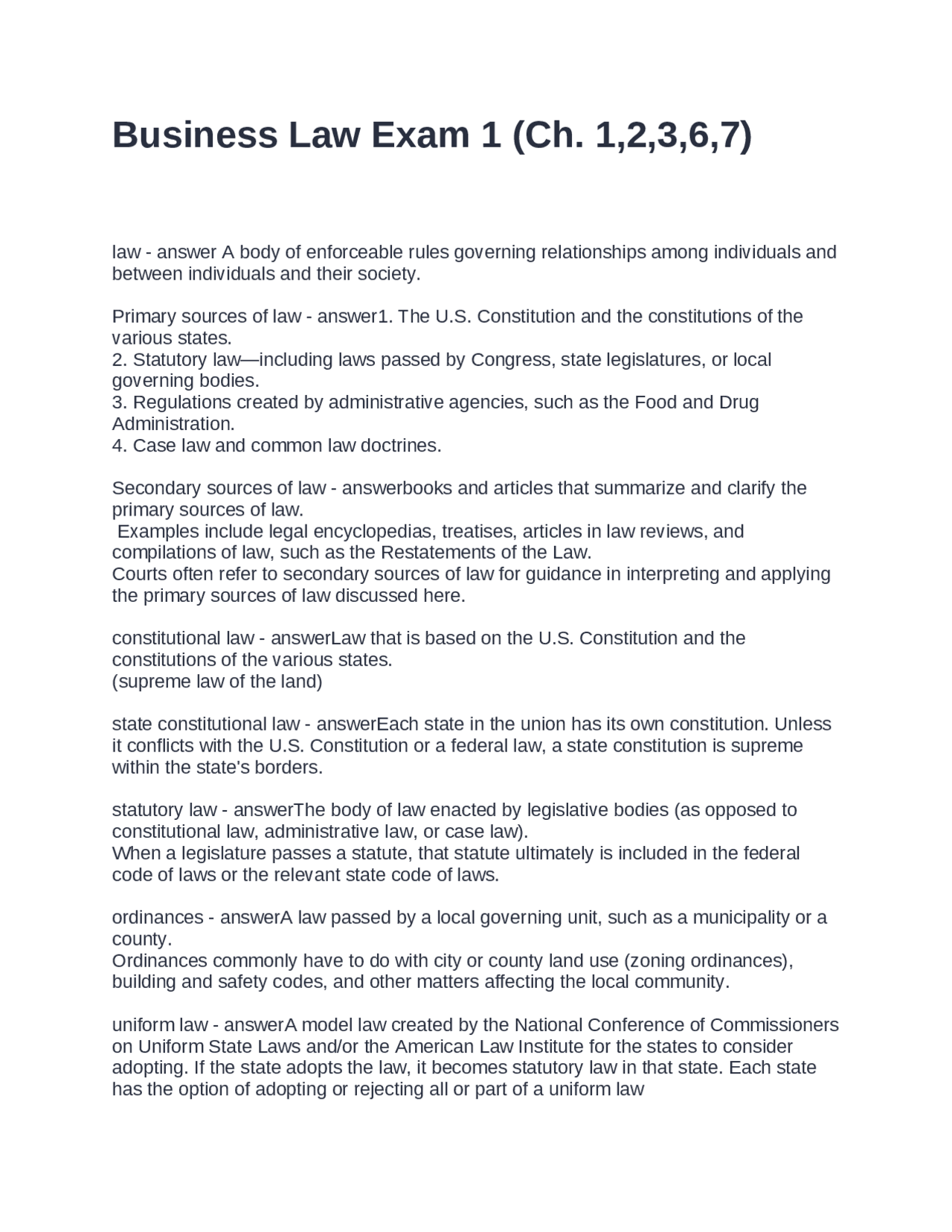Business Law Exam 1 (Ch. 1,2,3,6,7) Questions and Answers 100% Correct ...