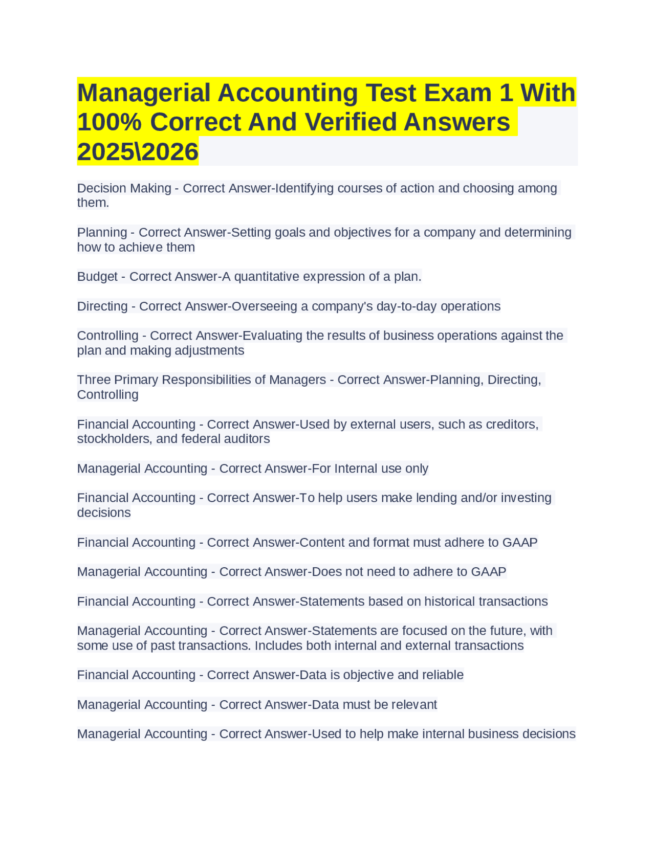 Managerial Accounting Test Exam 1 With 100% Correct And Verified ...
