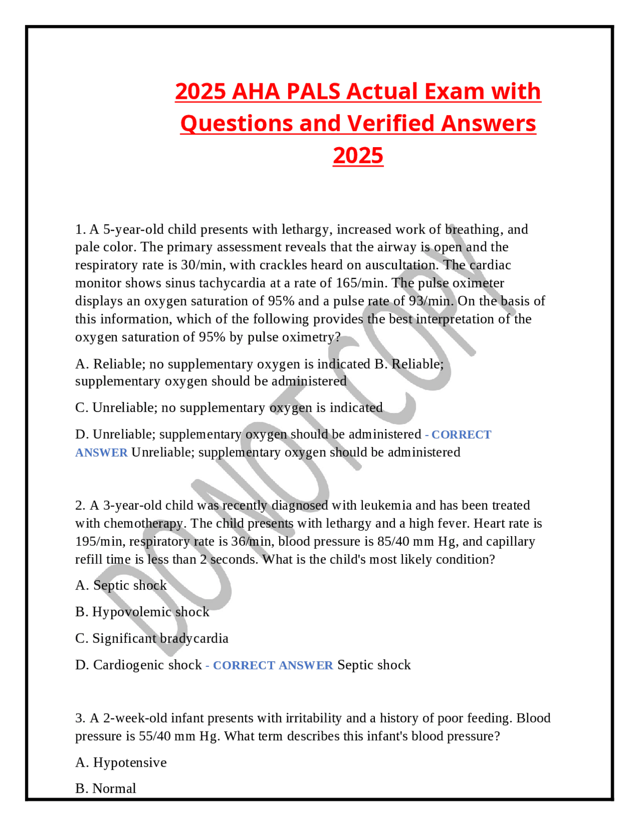 AHA PALS Actual Exam with Questions and Verified Answers | Exams ...