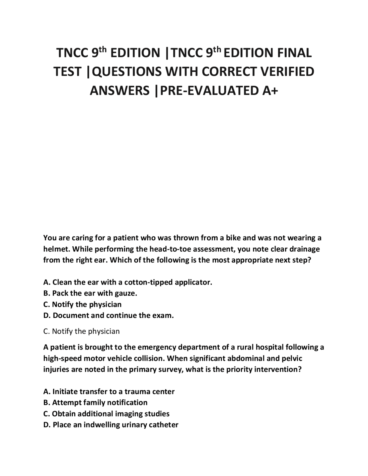 TNCC 9th EDITION |TNCC 9th EDITION FINAL TEST |QUESTIONS WITH CORRECT ...