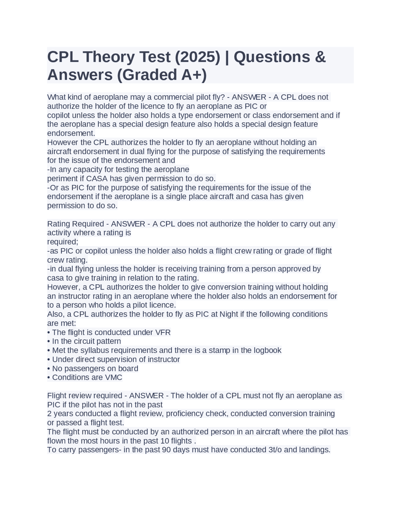 CPL Theory Test (2025) | Questions & Answers (Graded A+) | Exams ...