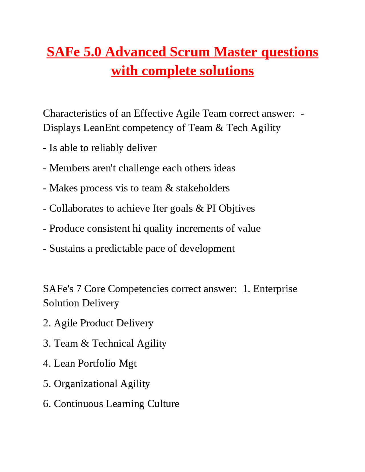 SAFe 5.0 Advanced Scrum Master questions with complete solutions ...