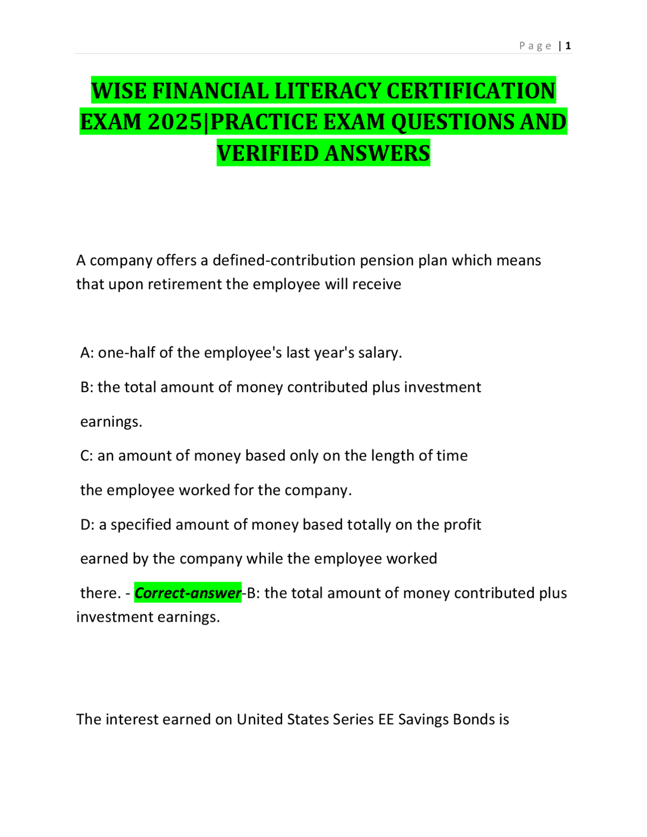 WISE FINANCIAL LITERACY CERTIFICATION EXAM 2025|PRACTICE EXAM QUESTIONS ...