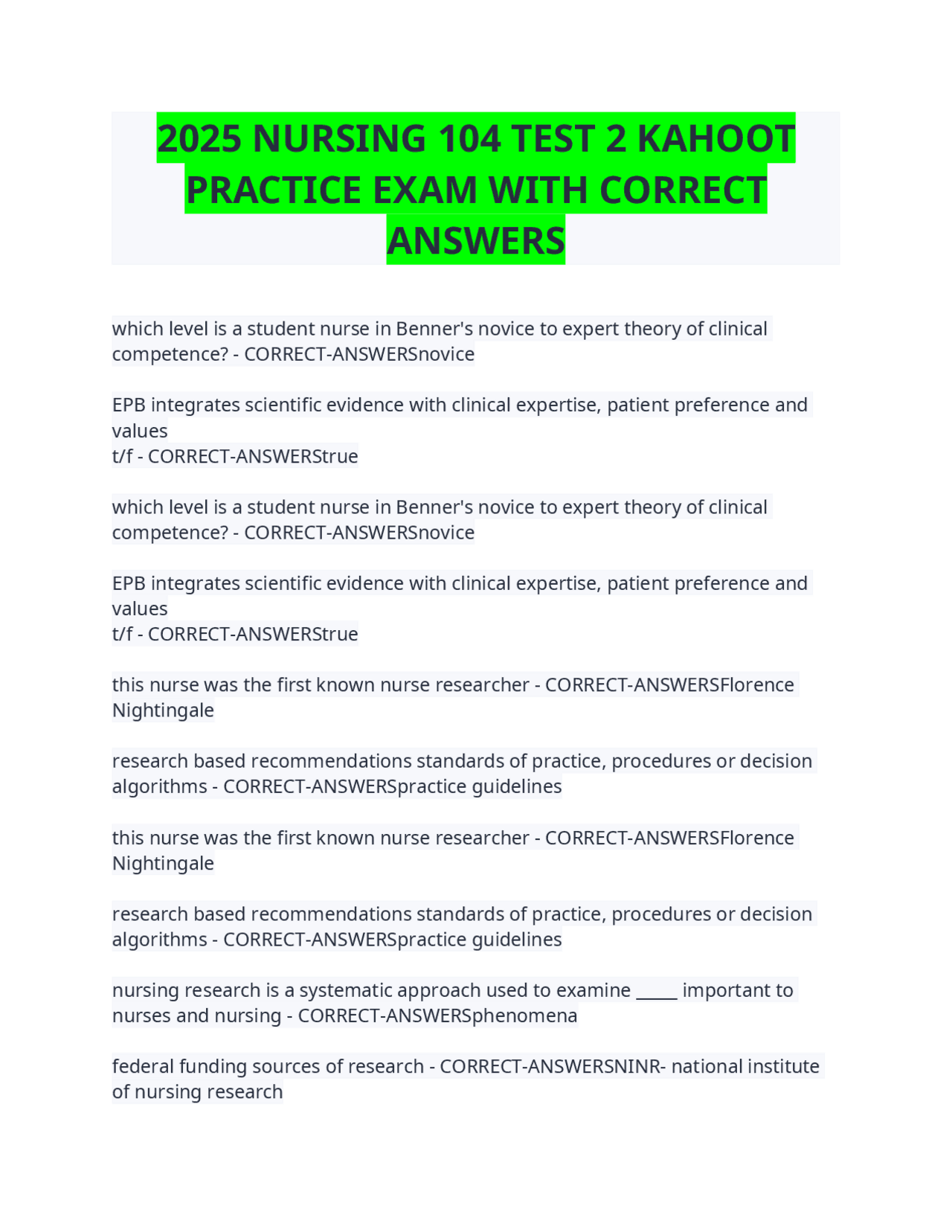 2025 NURSING 104 TEST 2 KAHOOT PRACTICE EXAM WITH CORRECT ANSWERS ...