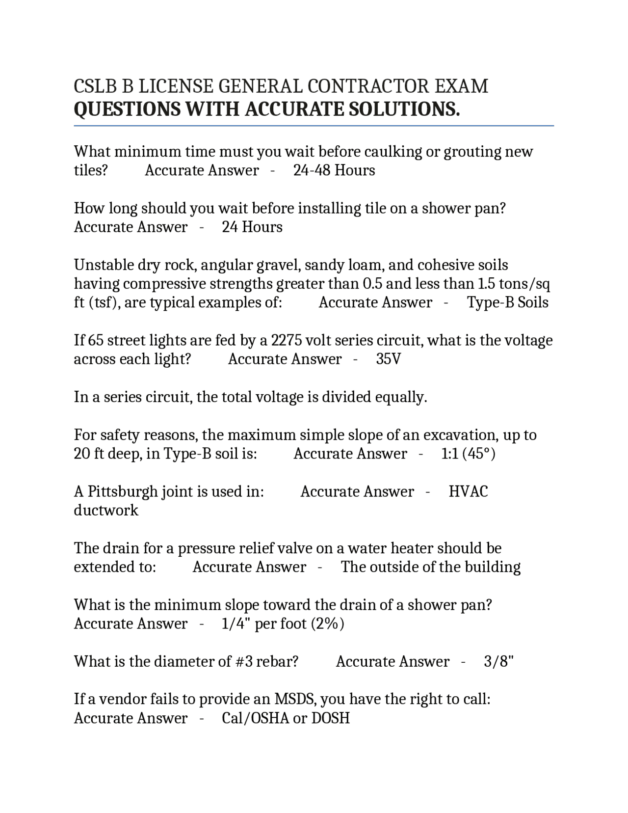 CSLB B LICENSE GENERAL CONTRACTOR EXAM QUESTIONS WITH ACCURATE ...
